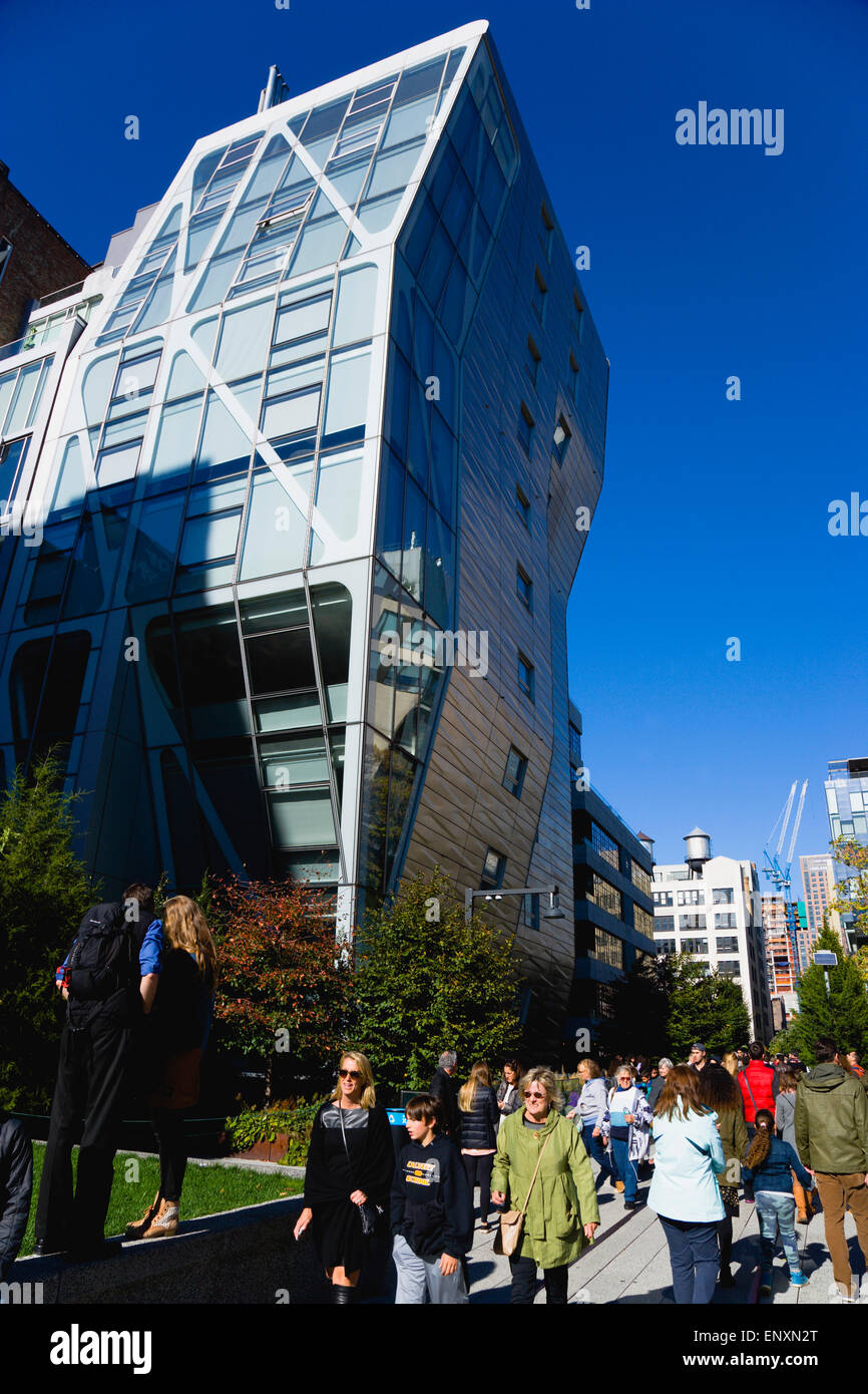 USA, New York, Manhattan, High Line linear park between buildings on a ...