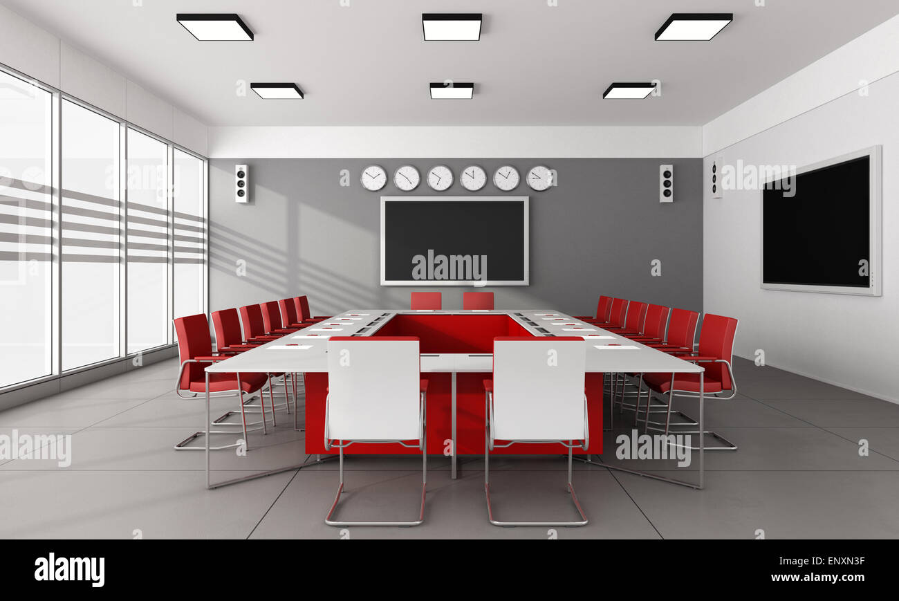 Contemporary board room with large meeting table and red chairs - 3D ...