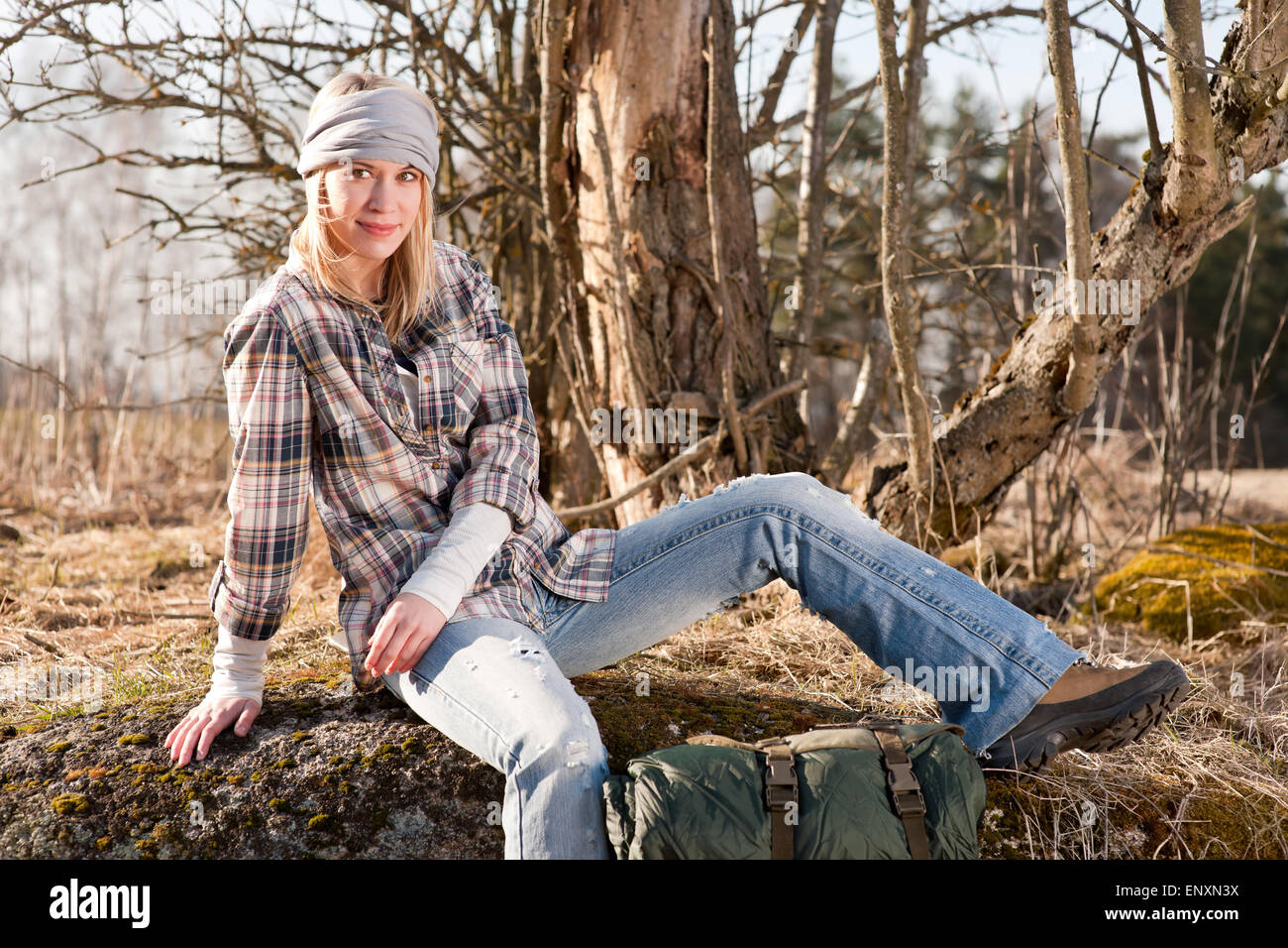 Portrait camping young woman backpack in country Stock Photo - Alamy