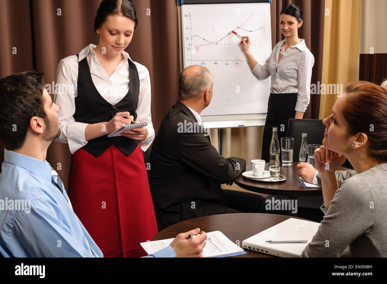 Waitress take order businesspeople conference room Stock Photo - Alamy