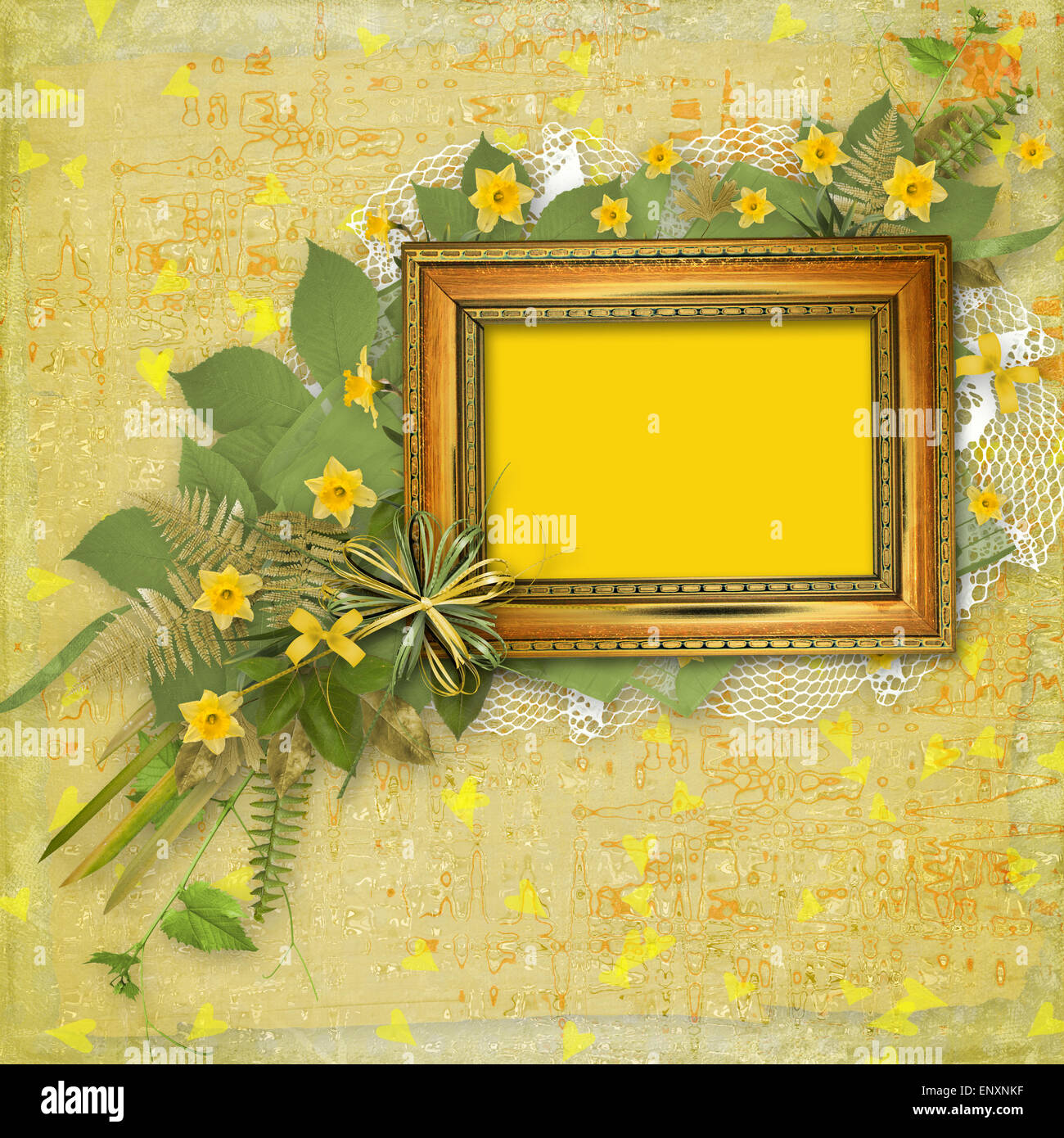 Old wooden frame for photo with bunch of flower Stock Photo - Alamy