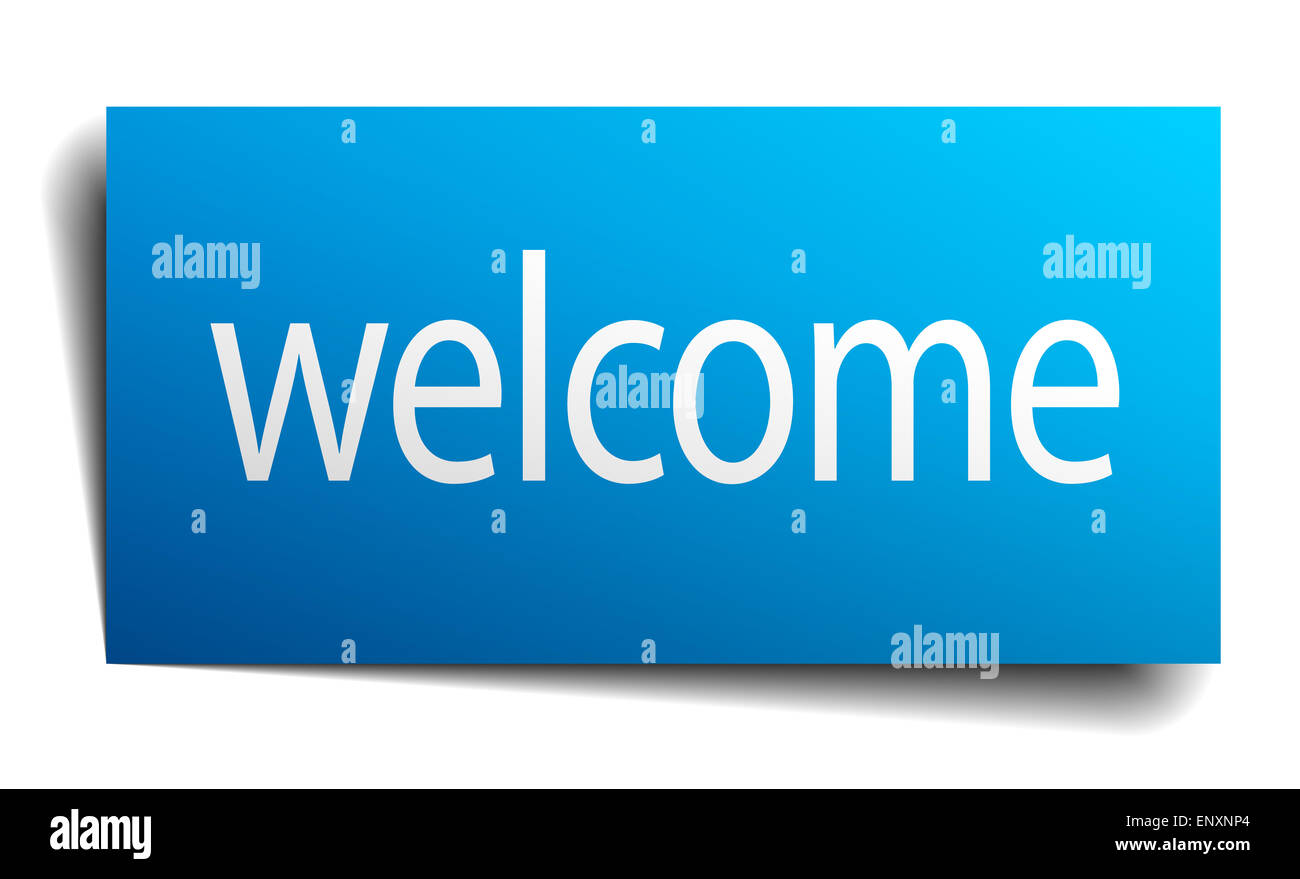 welcome blue paper sign isolated on white Stock Photo - Alamy