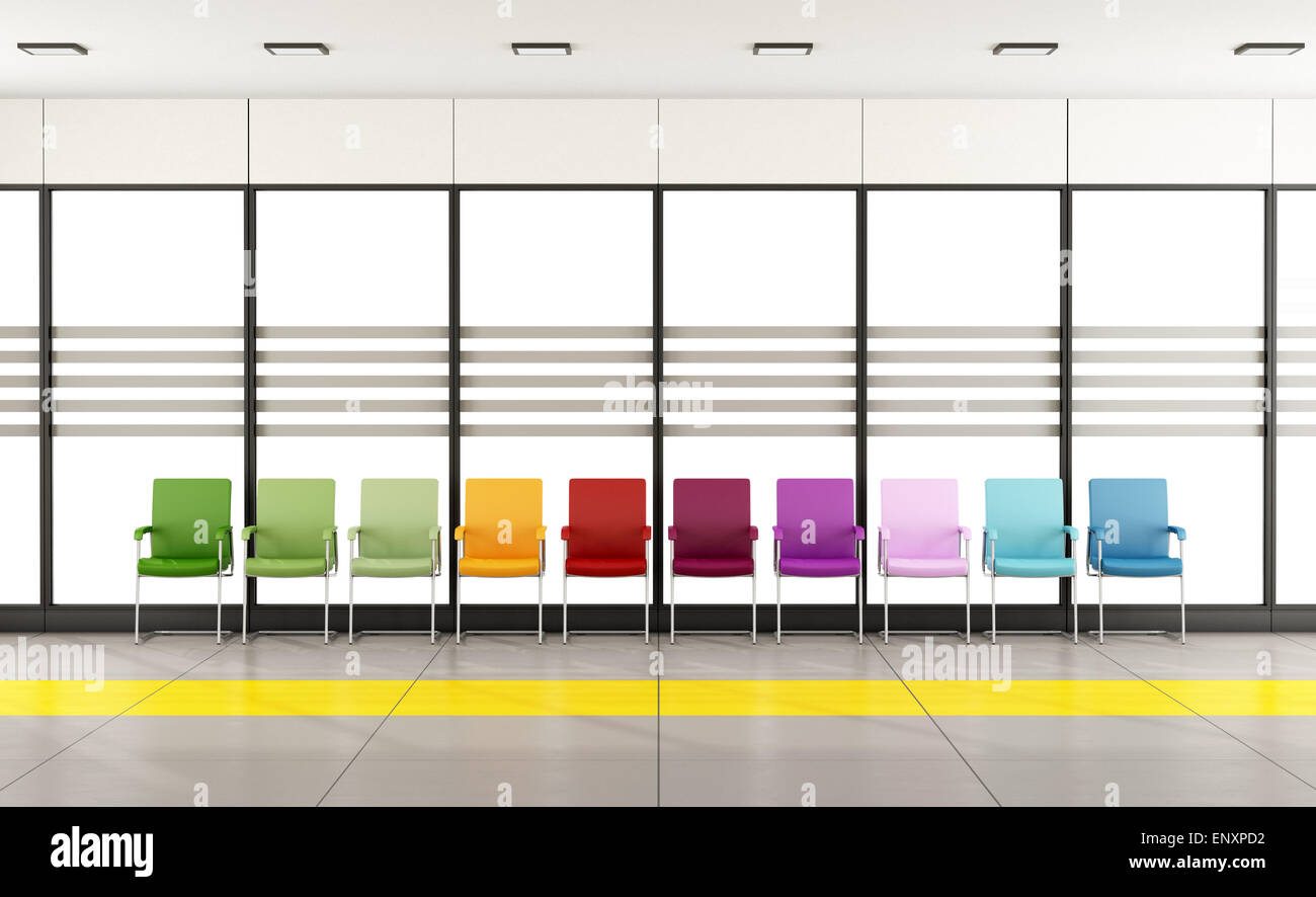 Waiting room with colorful chairs in front of a large window - 3D ...