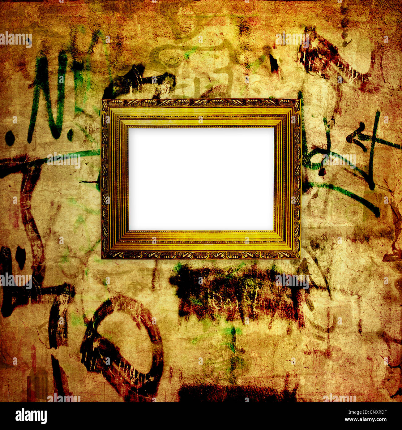 Wooden frame for a picture against a wall with graffiti Stock Photo - Alamy