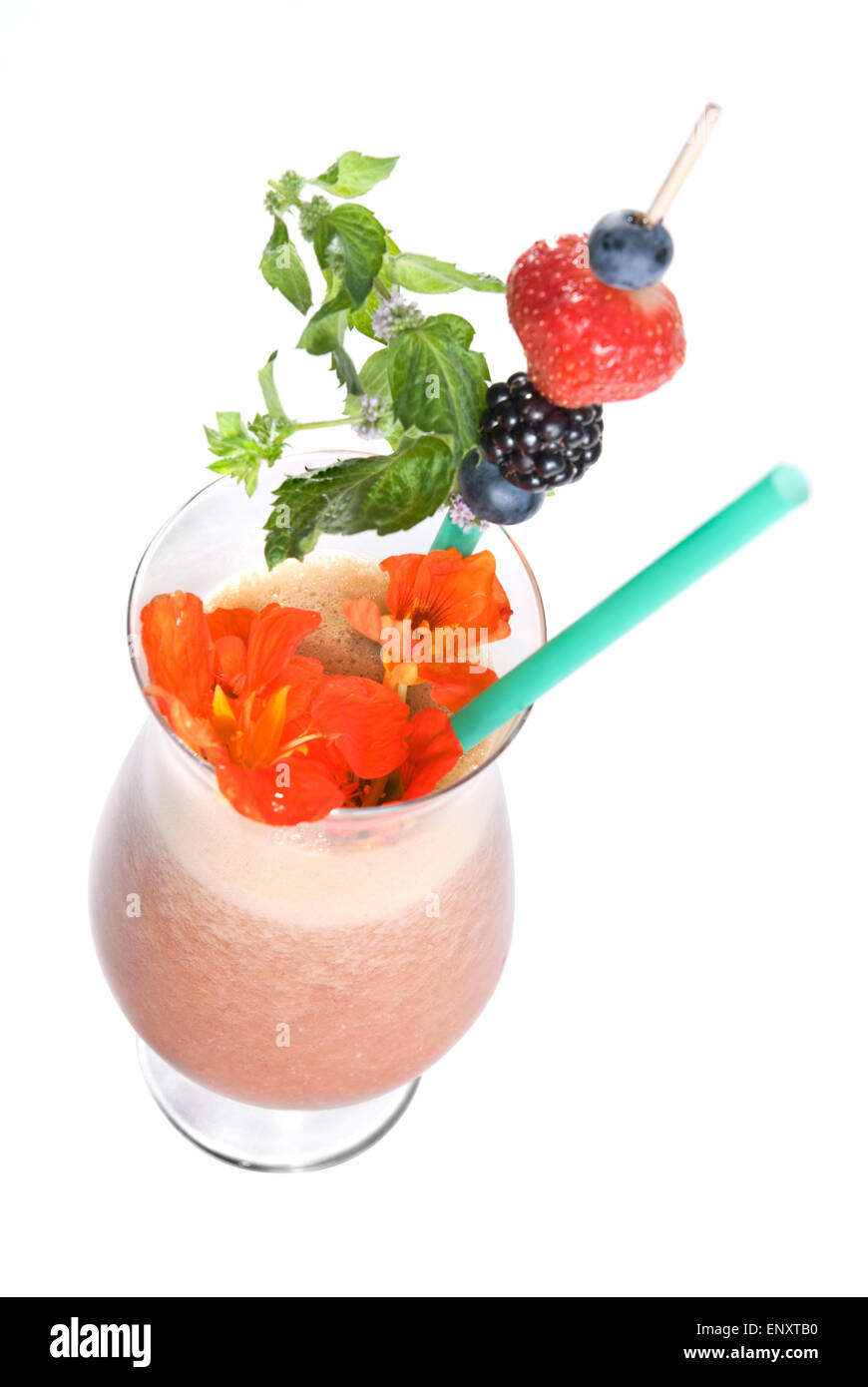 fitness cocktail with berries and flowers isolated on white Stock Photo ...