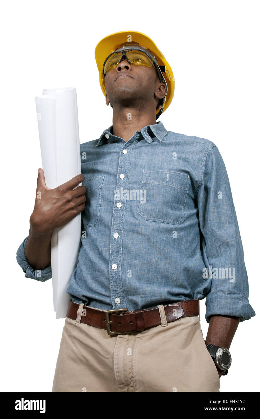 Construction Worker with Blueprints Stock Photo - Alamy