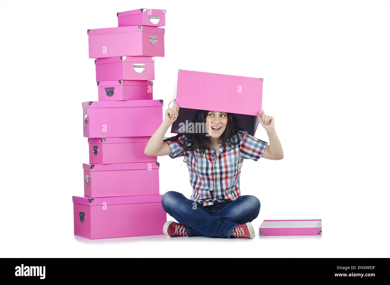 Girl with lots of gifts on white Stock Photo - Alamy