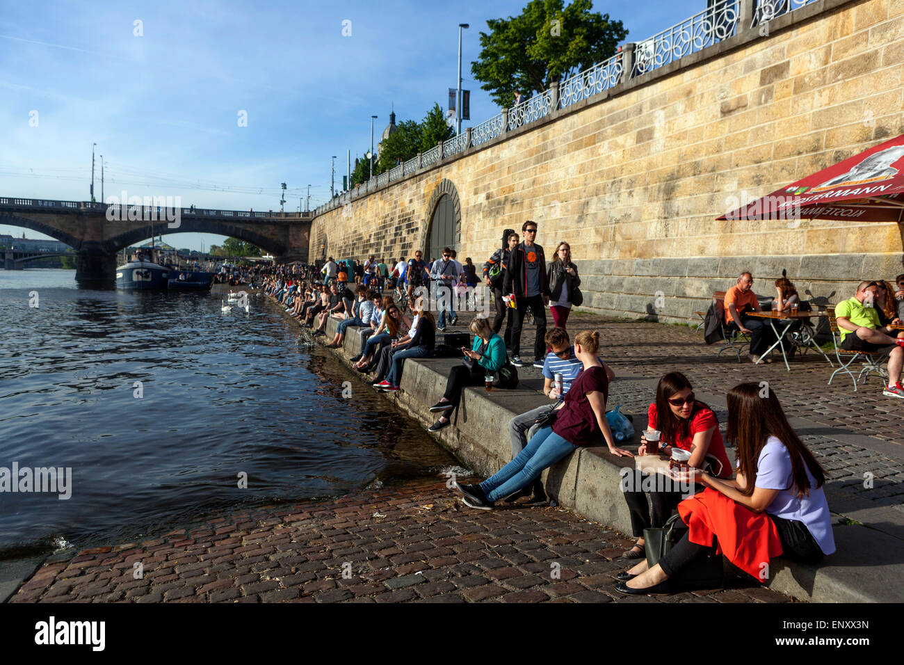People relaxing at the waterfront, Naplavka Prague Czech Republic Stock ...