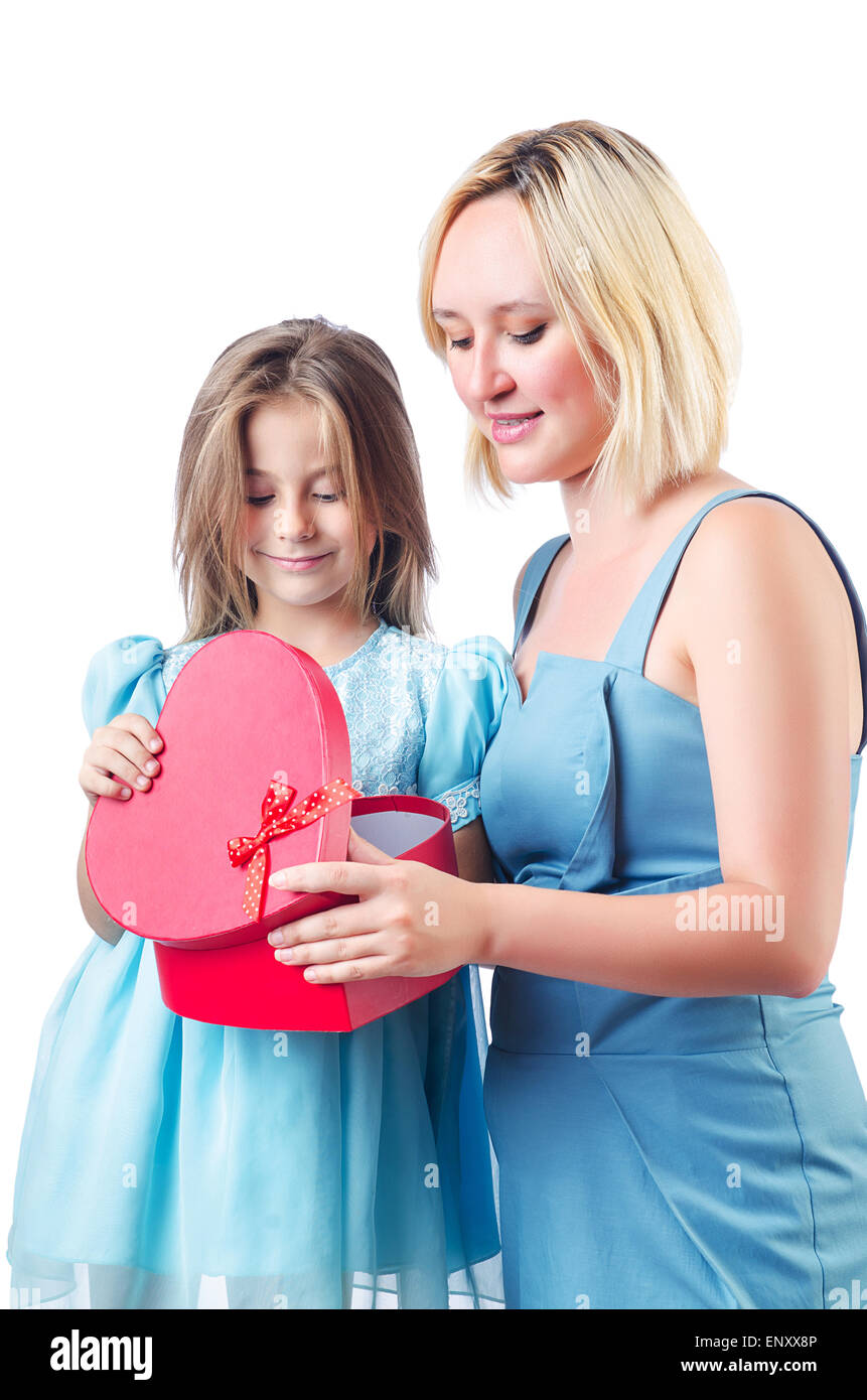 Happy mom and daughter on white Stock Photo - Alamy