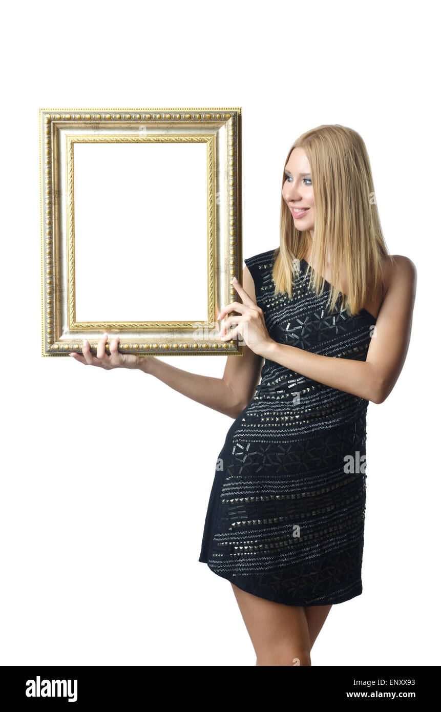 Woman holding picture frame on white Stock Photo - Alamy