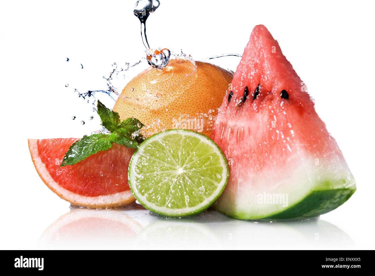 Water splash on fresh fruits isolated on white Stock Photo - Alamy