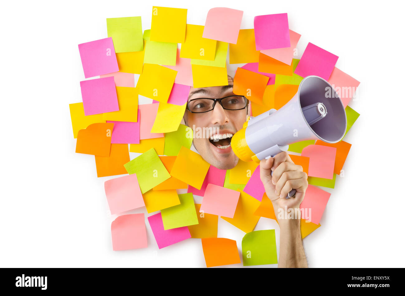 Man's face through paper and reminders Stock Photo - Alamy