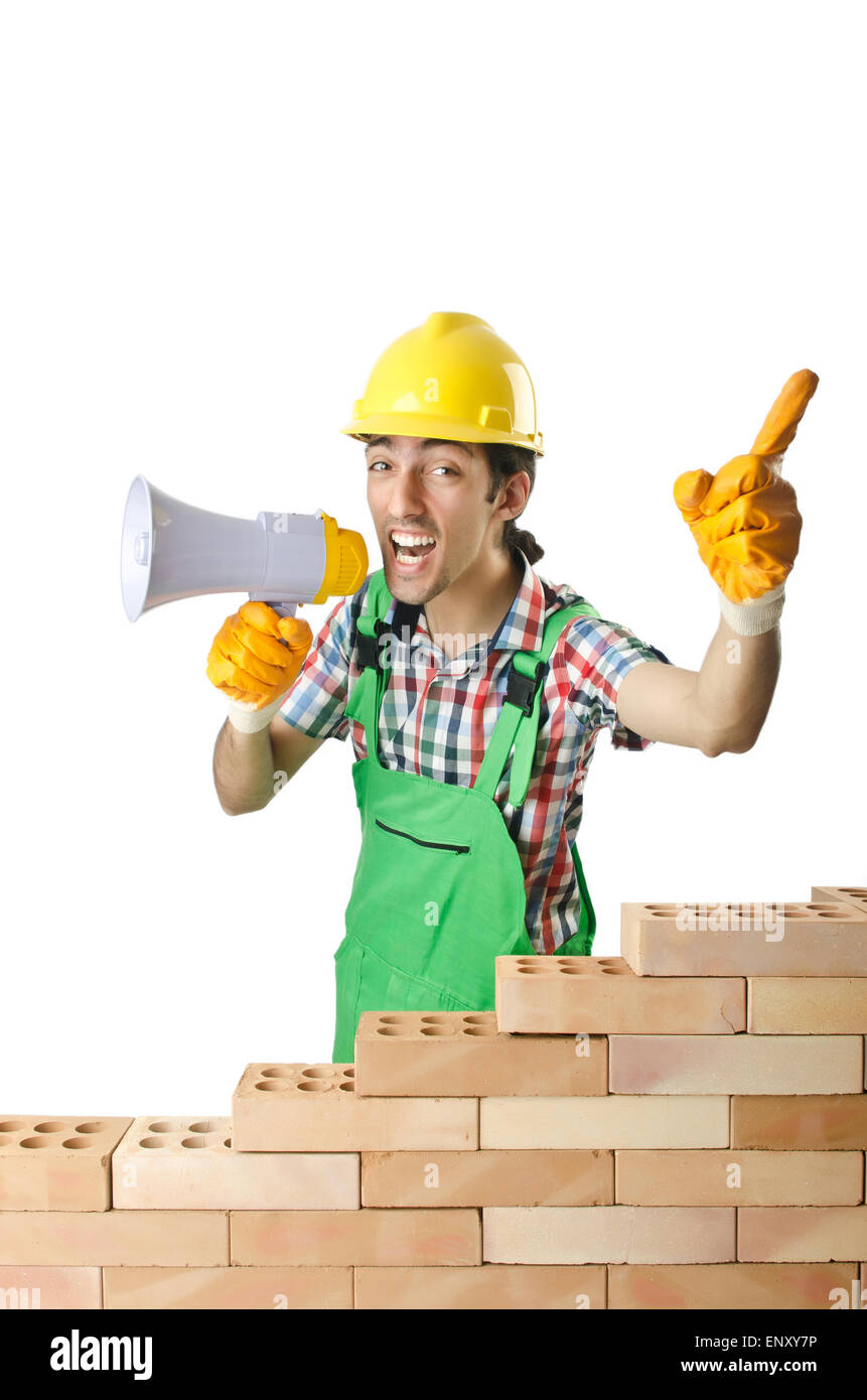 Builder with hard hat on white Stock Photo - Alamy