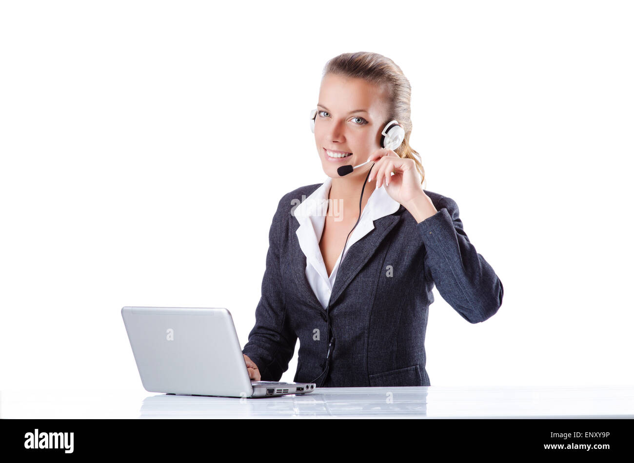 Female helpdesk operator on white Stock Photo - Alamy