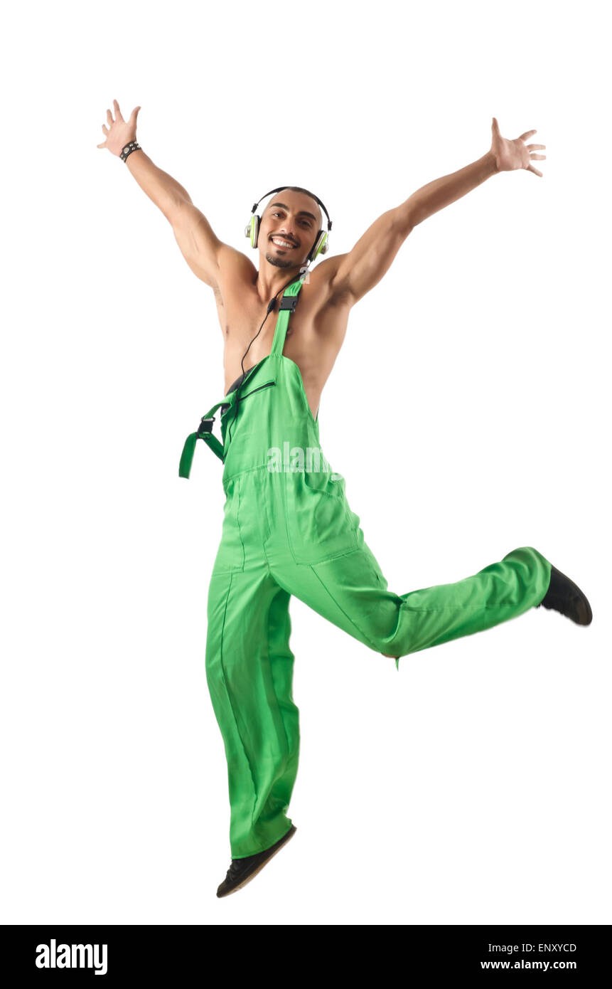 Construction worker jumping and dancing Stock Photo - Alamy