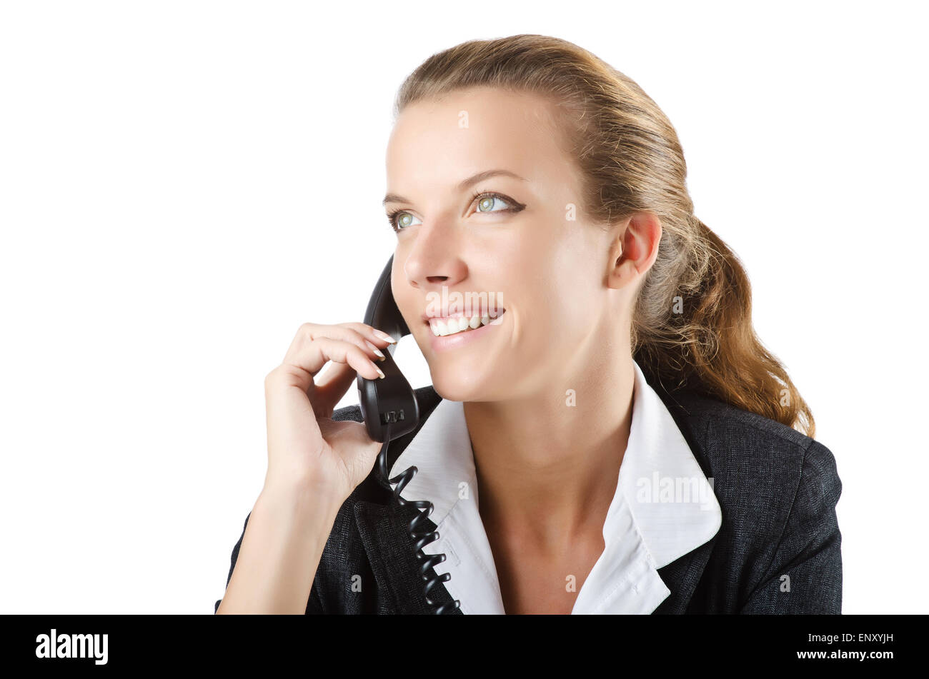 Attractive helpdesk operator on white Stock Photo - Alamy