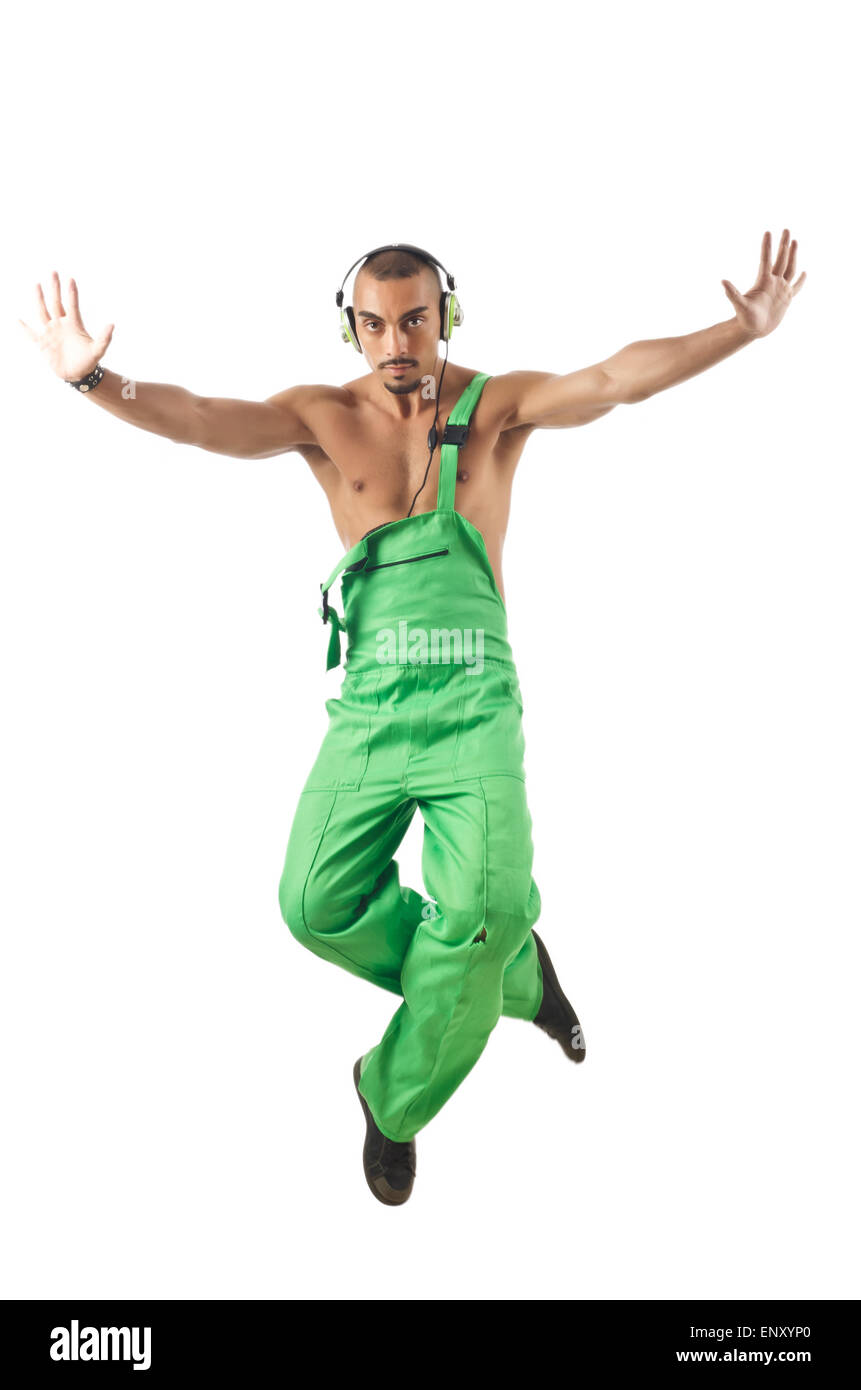 Construction worker jumping and dancing Stock Photo - Alamy