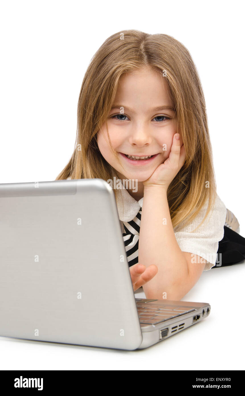 Cute girl with laptop on white Stock Photo - Alamy