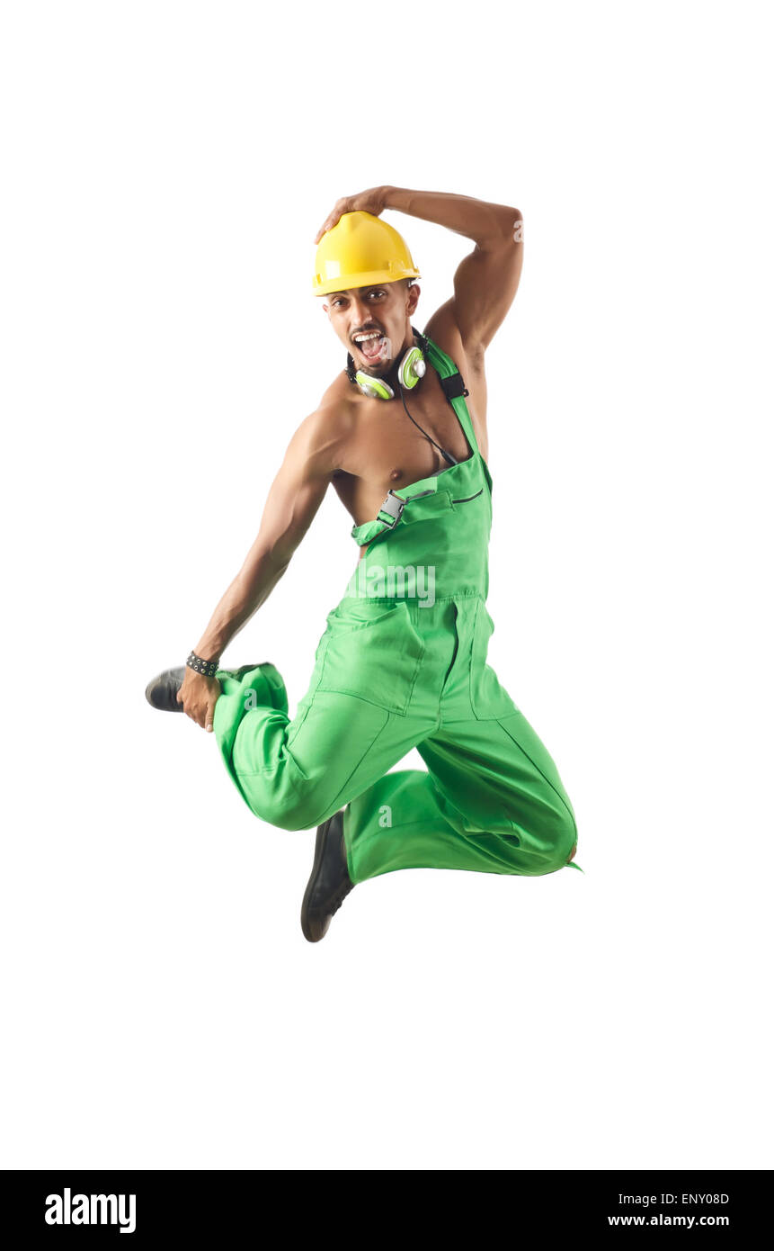 Construction worker jumping and dancing Stock Photo - Alamy