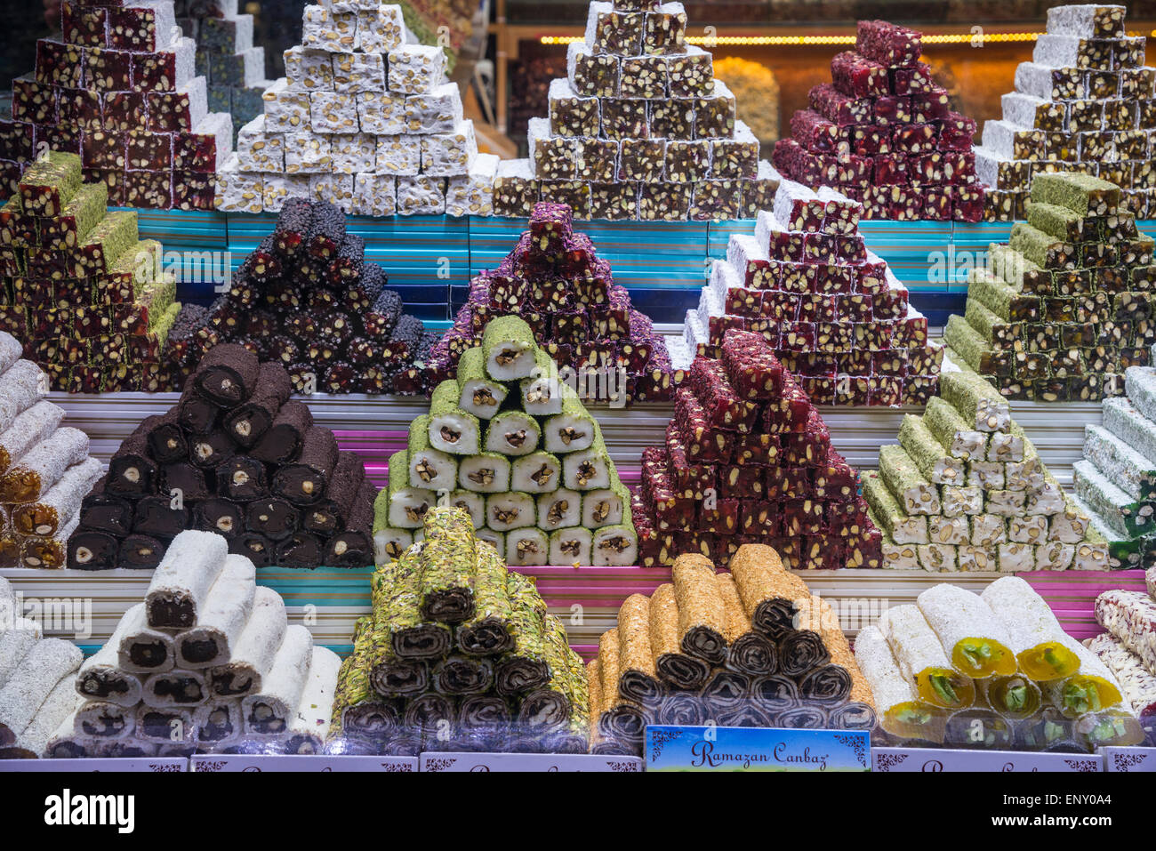Different varieties of Turkish delight on display in the Grand Bazaar ...