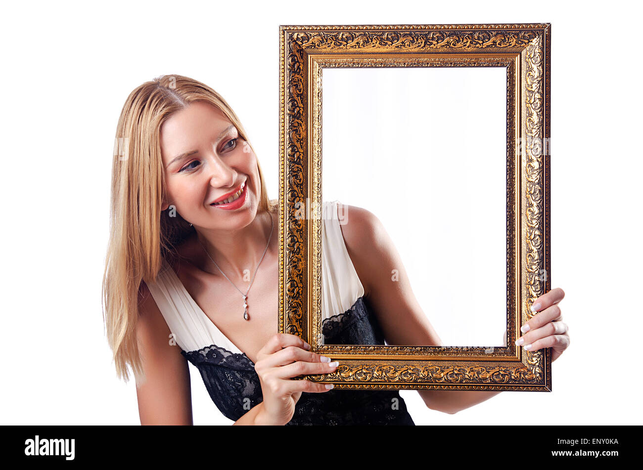 Young woman with picture frame on white Stock Photo - Alamy