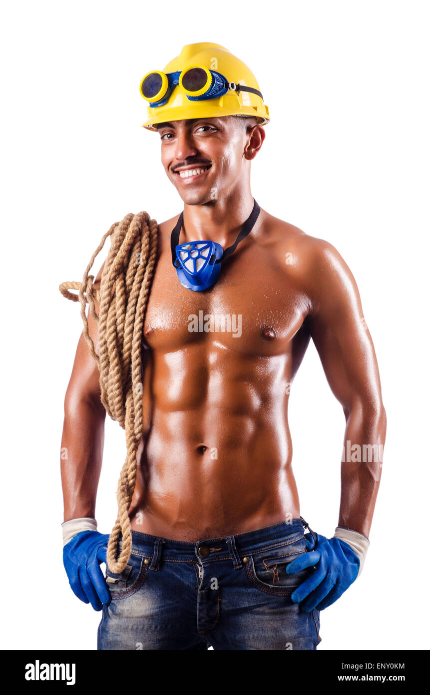 Muscular builder with tools isolated on white Stock Photo - Alamy