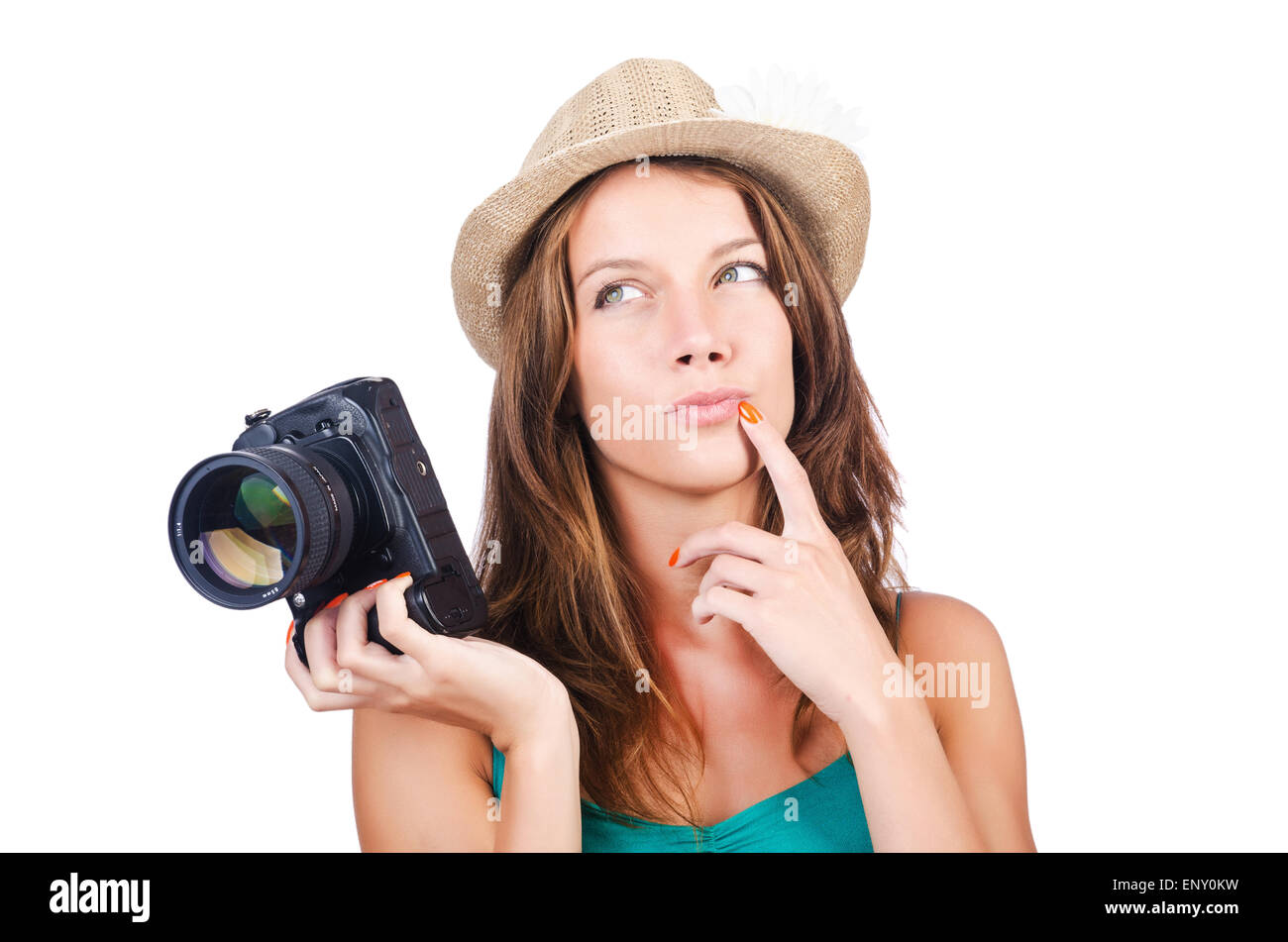 Attractive female photographer on white Stock Photo - Alamy