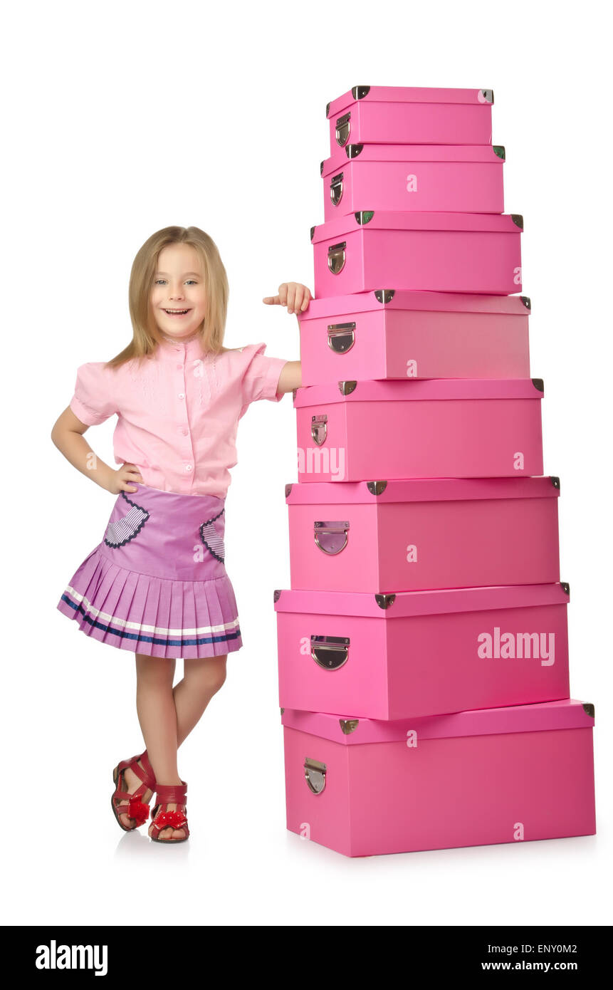 Little cute girl with lots of boxes Stock Photo - Alamy
