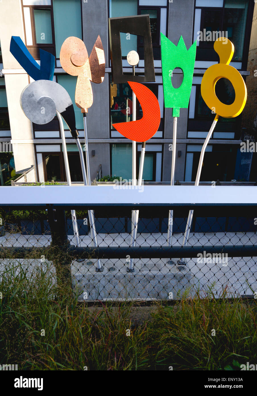 USA, New York, Manhattan, High Line linear park between buildings on a ...