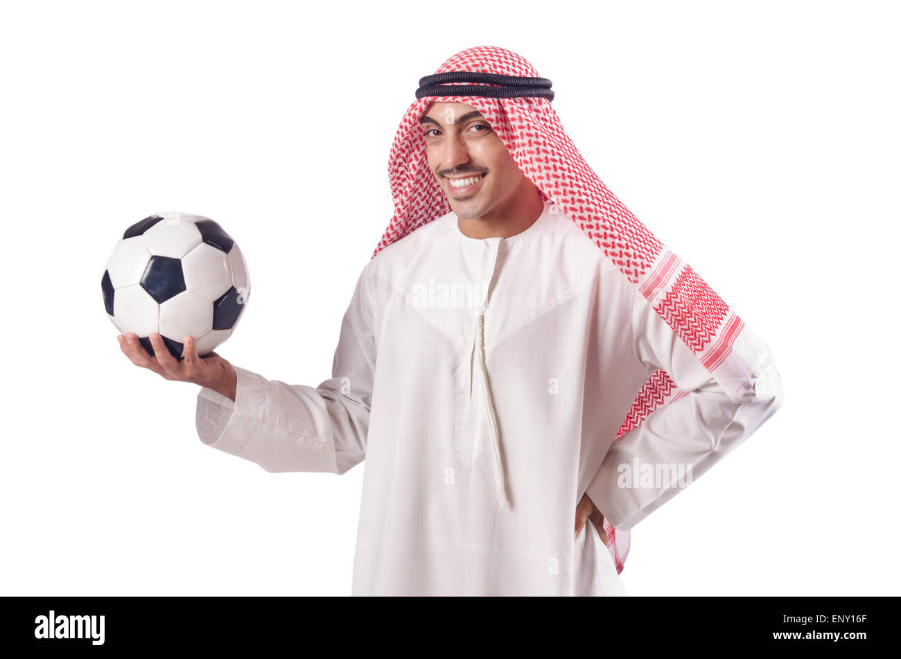 Arab man with football on white Stock Photo - Alamy