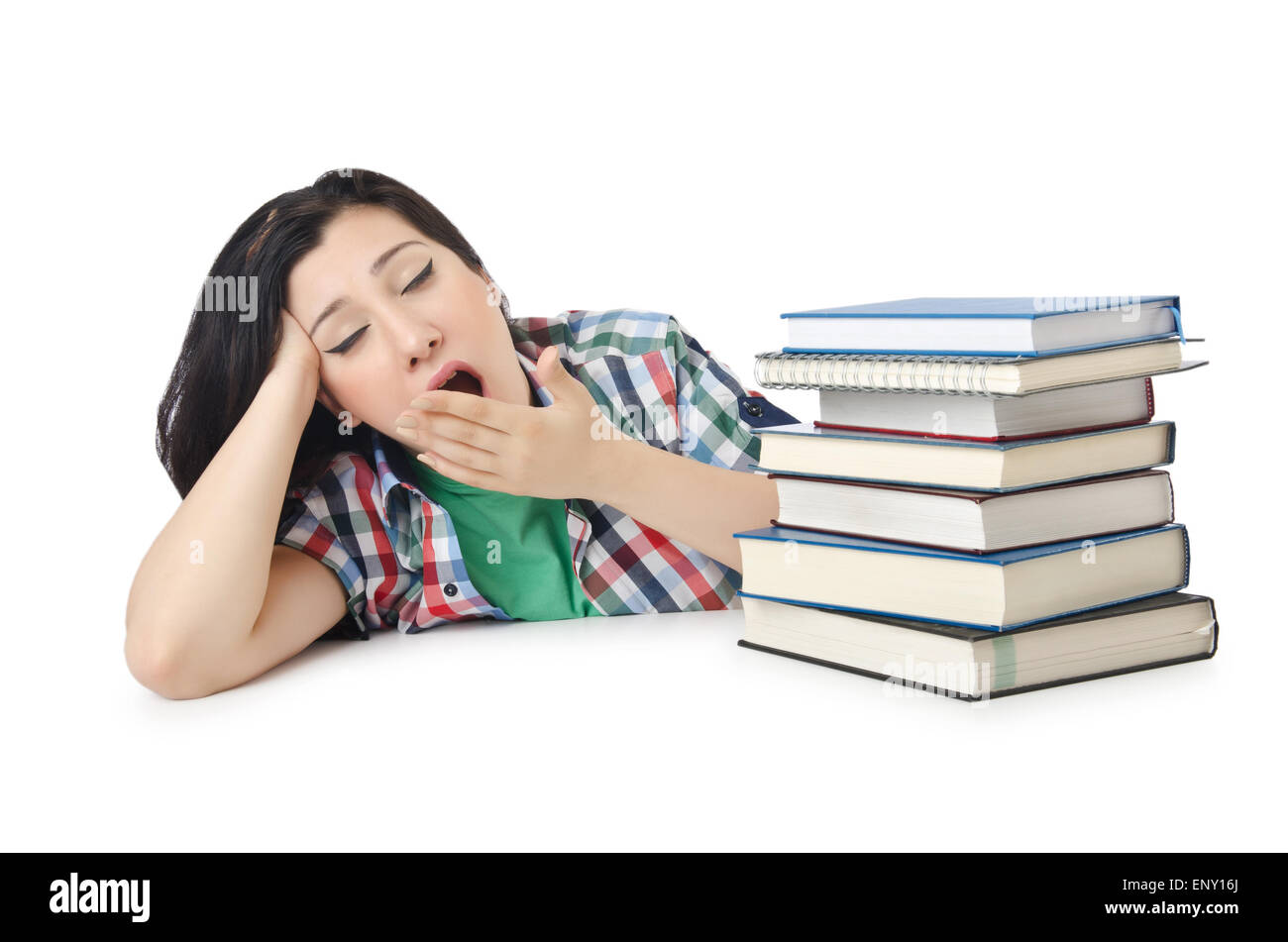 Tired student with textbooks on white Stock Photo - Alamy