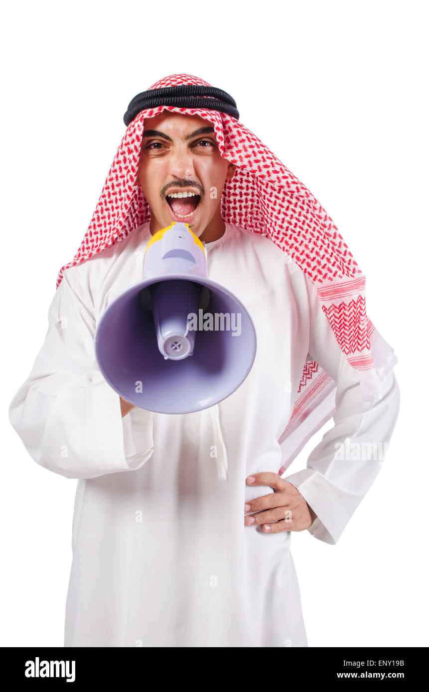 Arab man shouting through loudspeaker Stock Photo - Alamy