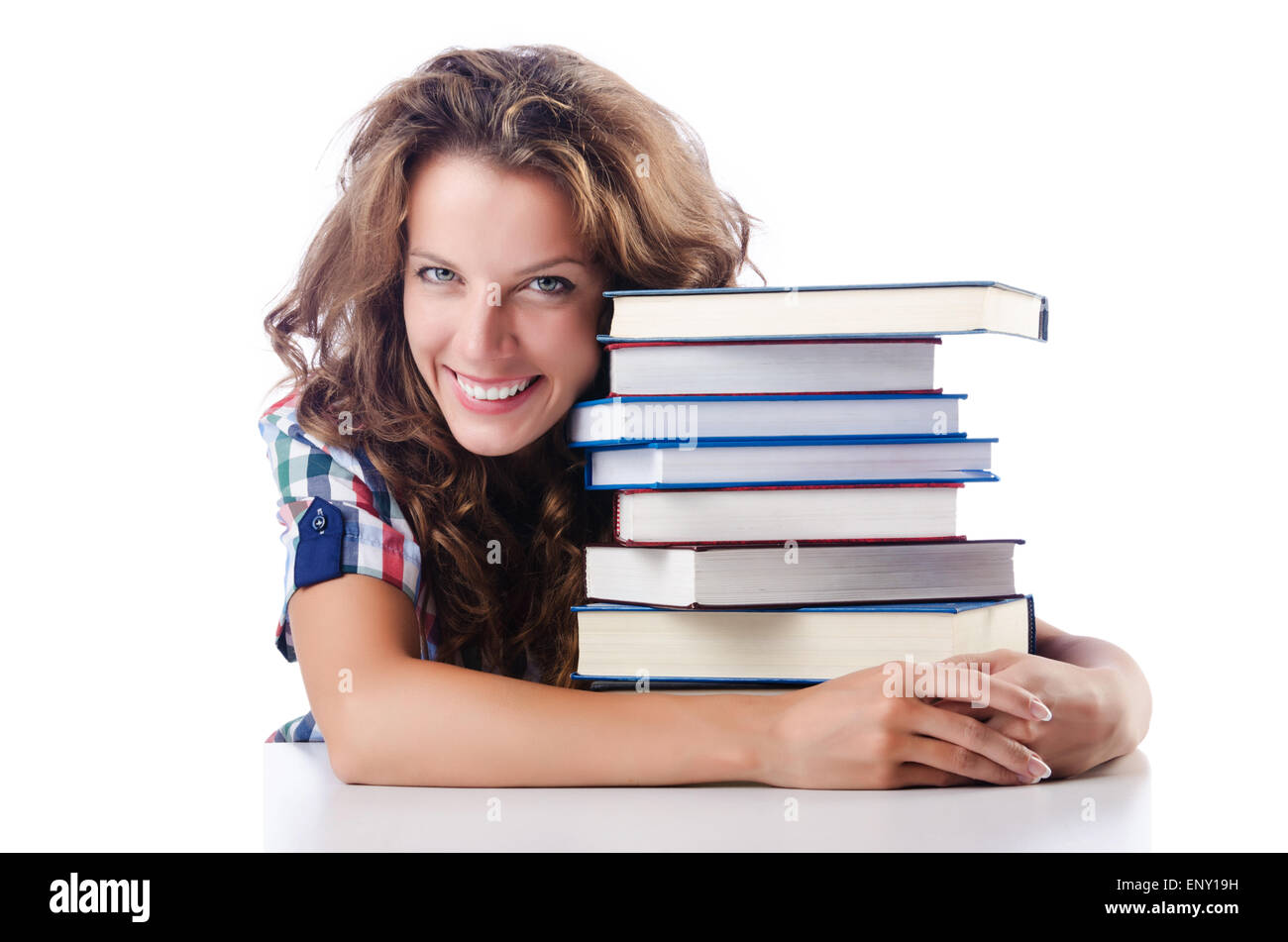 Student with lots of books on white Stock Photo - Alamy