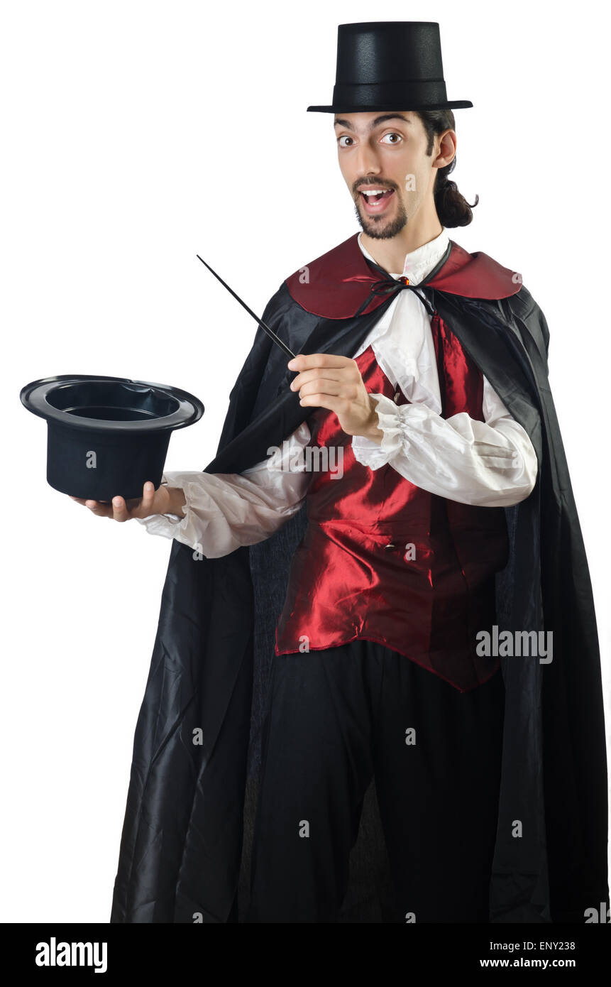 Magician doing tricks on white Stock Photo - Alamy