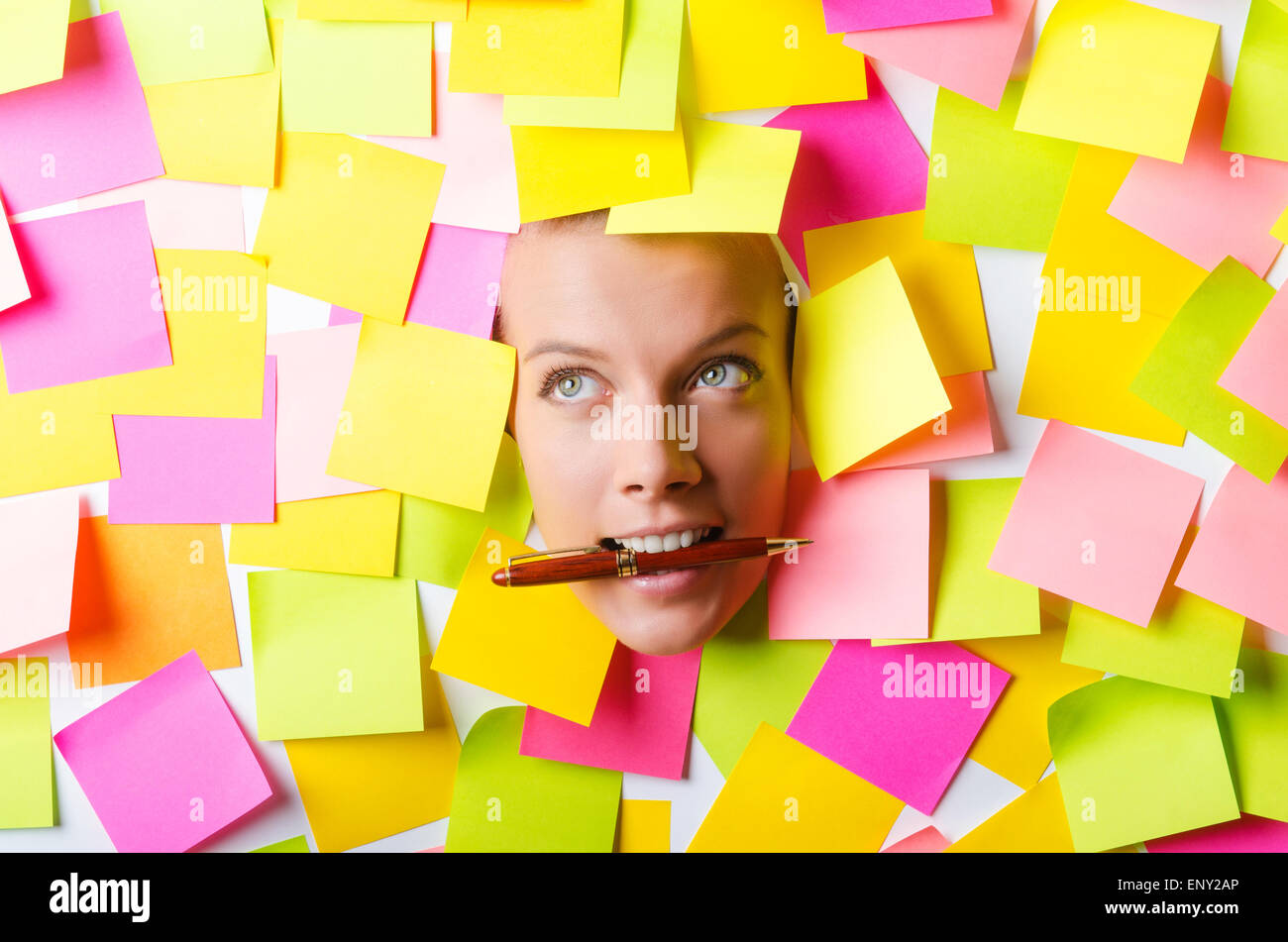 Woman with lots of reminder notes Stock Photo - Alamy