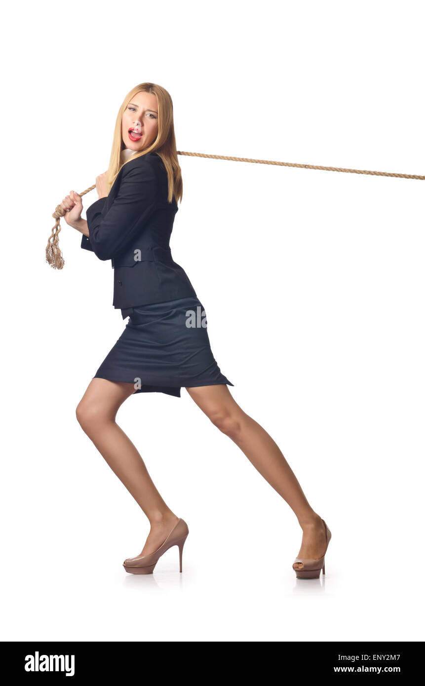 Woman pulling rope on white Stock Photo - Alamy