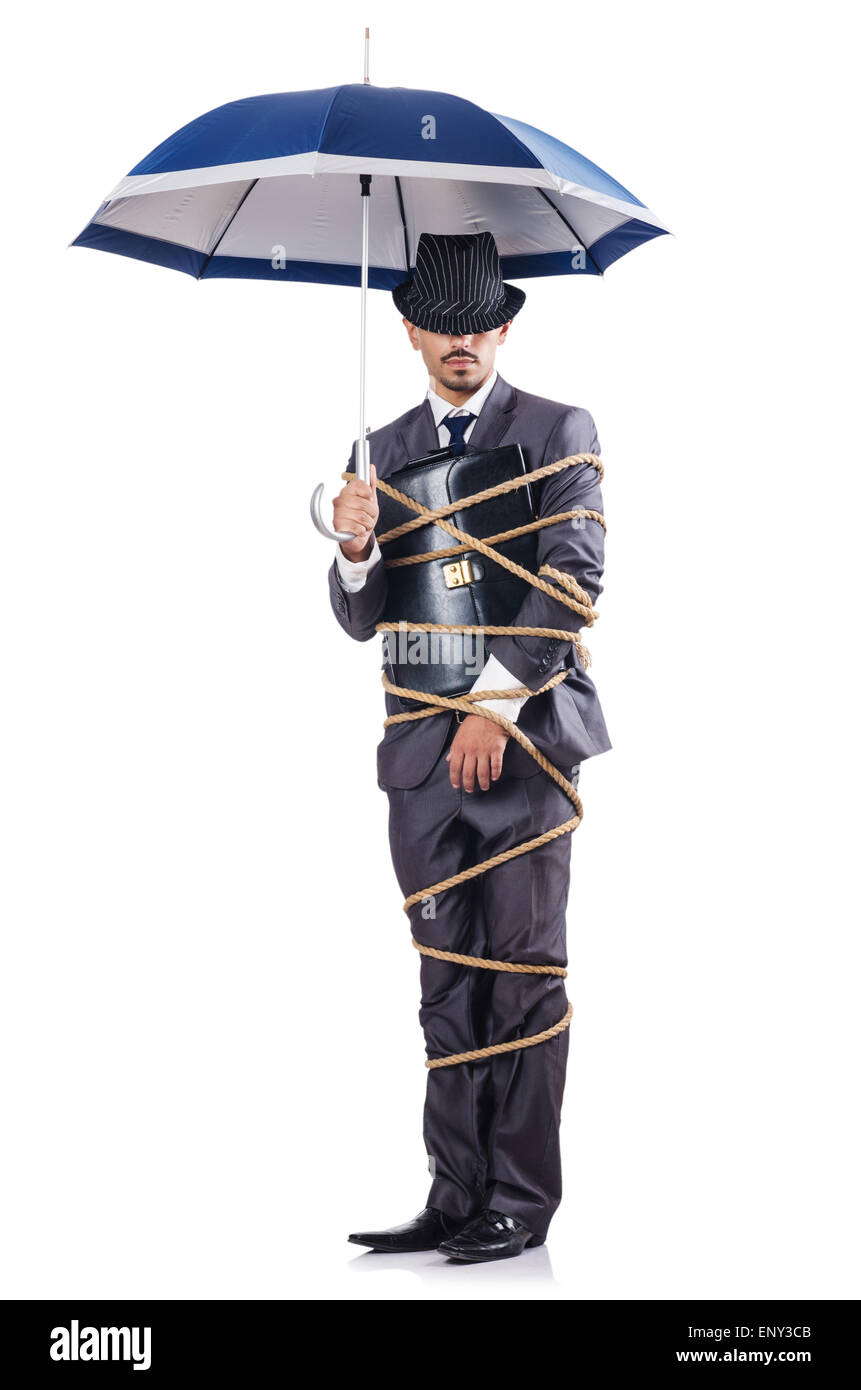 Businessman tied up with rope Stock Photo - Alamy