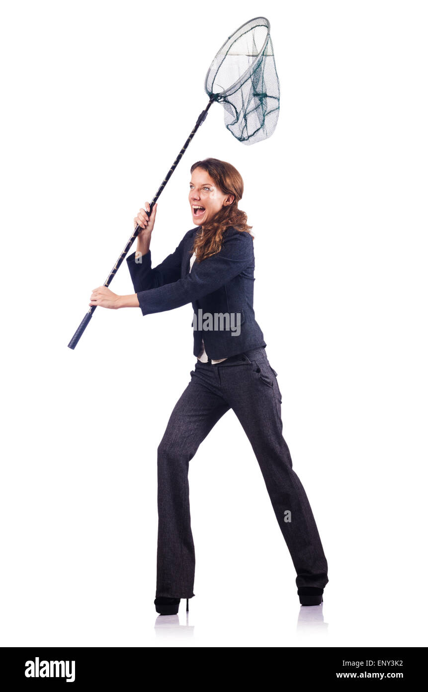 Woman with net isolated on white Stock Photo - Alamy