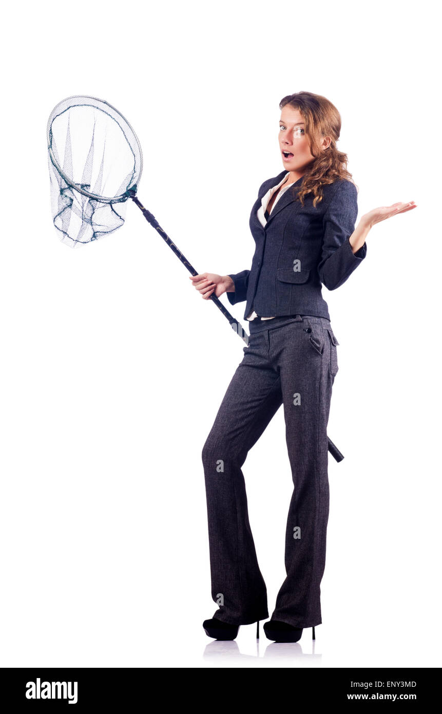 Woman with net isolated on white Stock Photo - Alamy