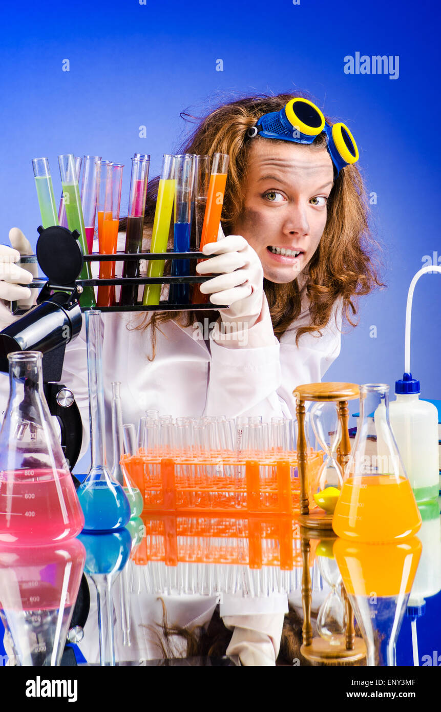 Funny female chemist in lab Stock Photo - Alamy