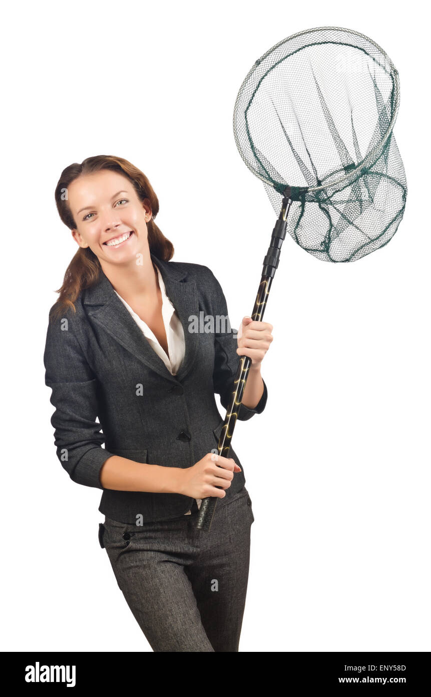 Woman with net isolated on white Stock Photo - Alamy