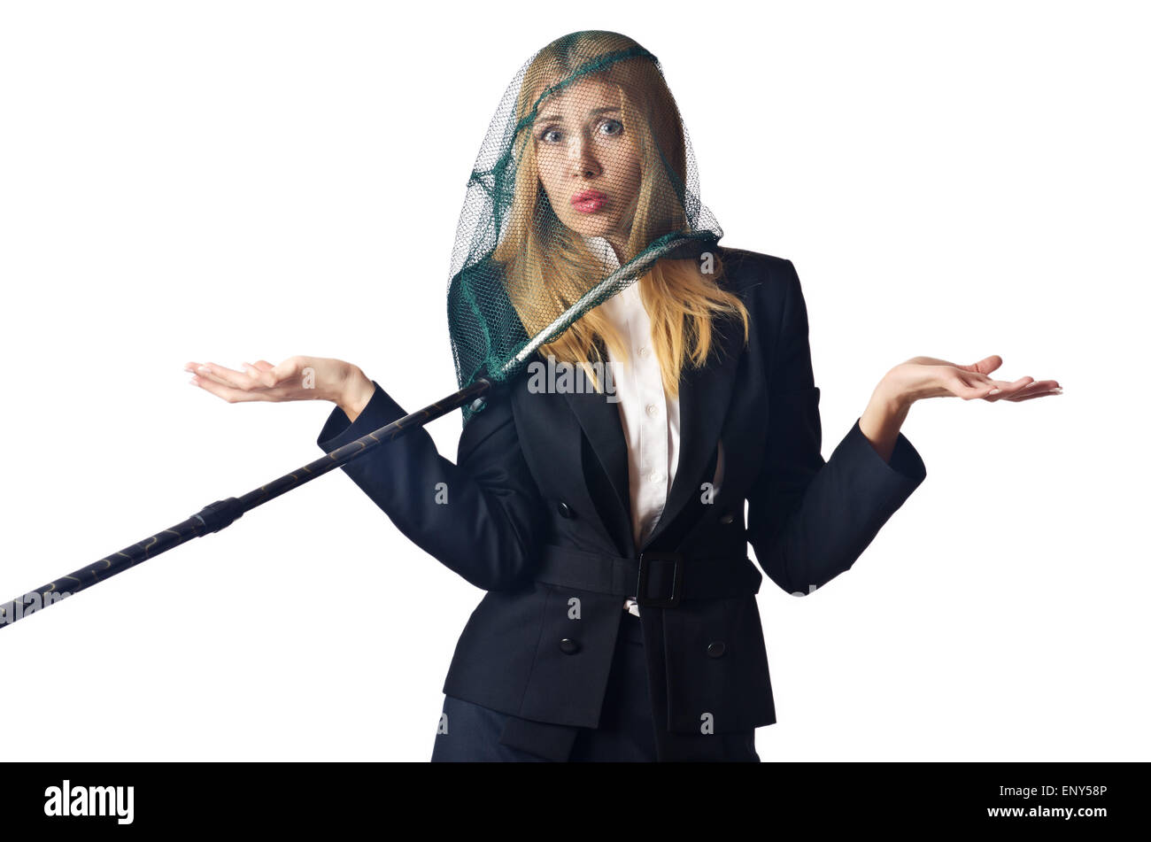 Woman with net isolated on white Stock Photo - Alamy