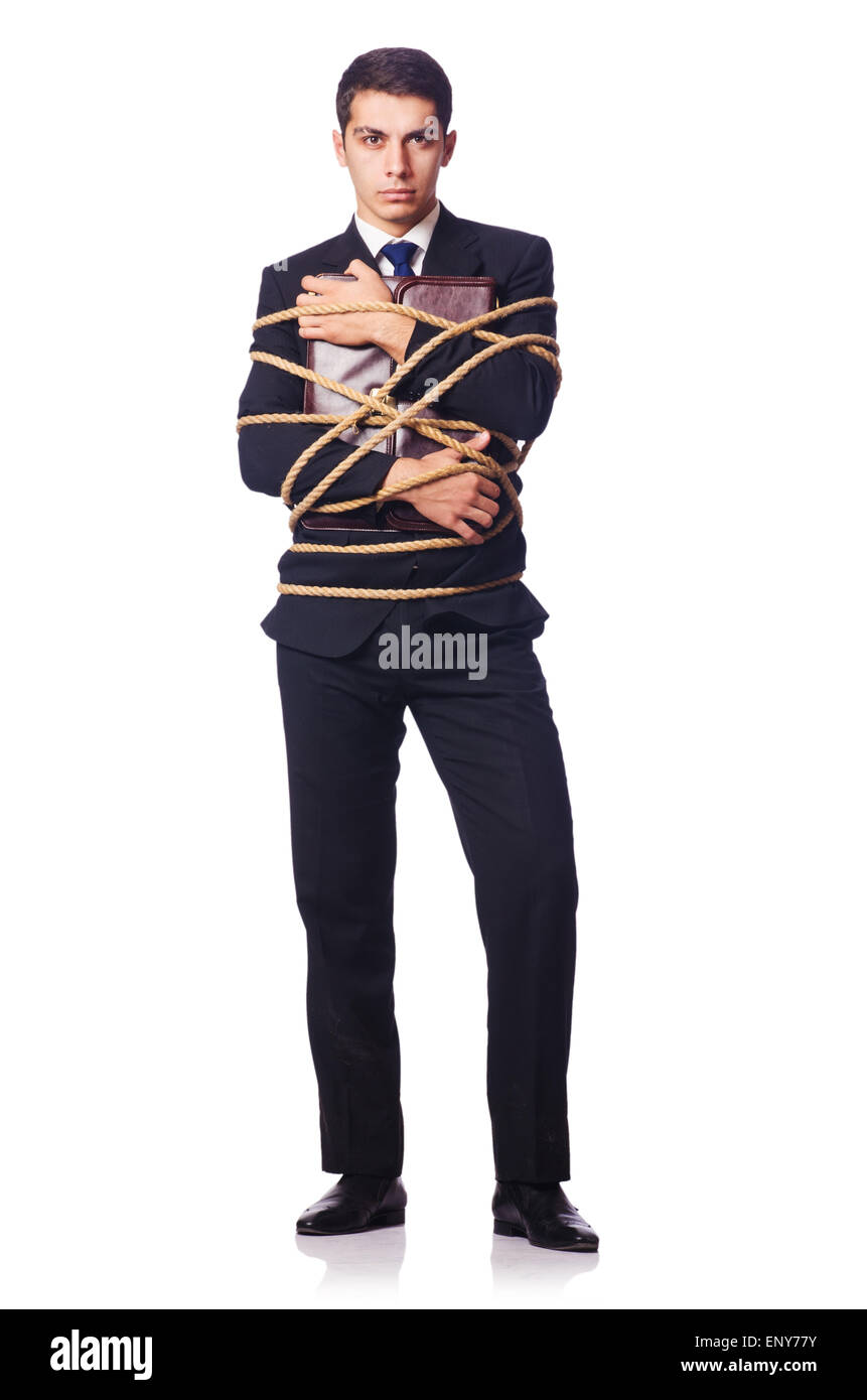 Businessman tied up with rope on white Stock Photo - Alamy