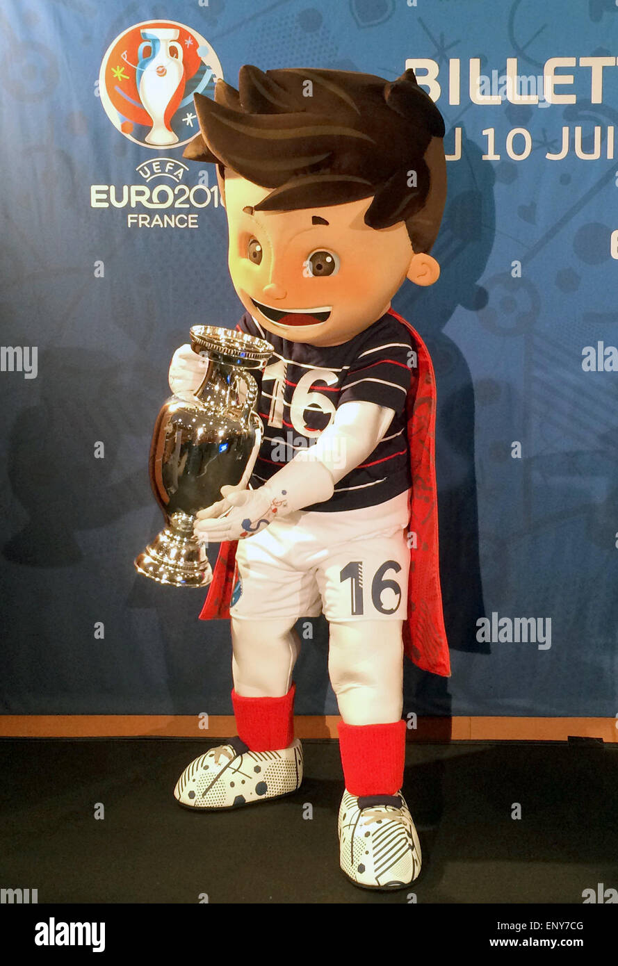 Paris, France. 12th May, 2015. Mascot 'Super Victor' holds a replica of ...