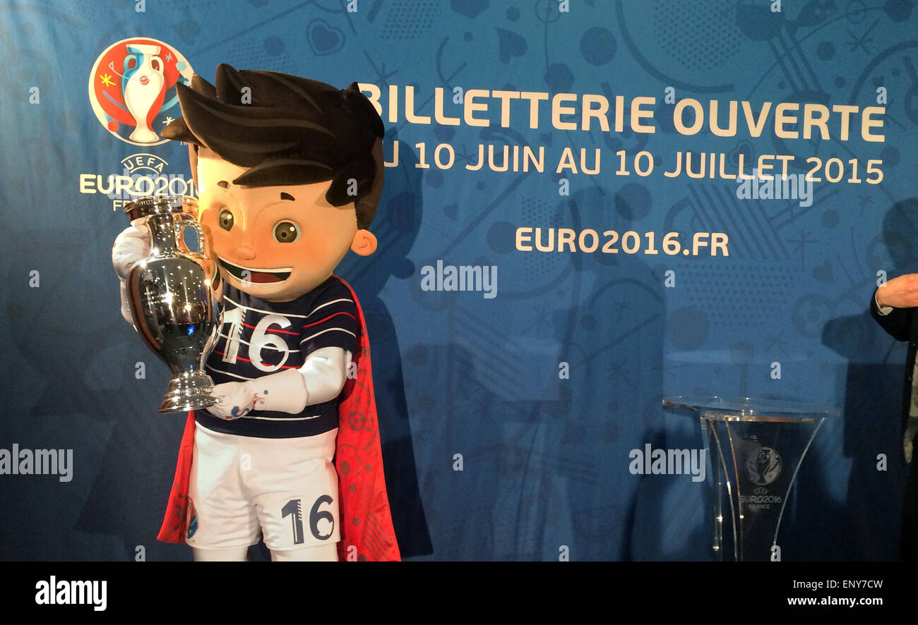 Paris, France. 12th May, 2015. Mascot 'Super Victor' holds a replica of ...