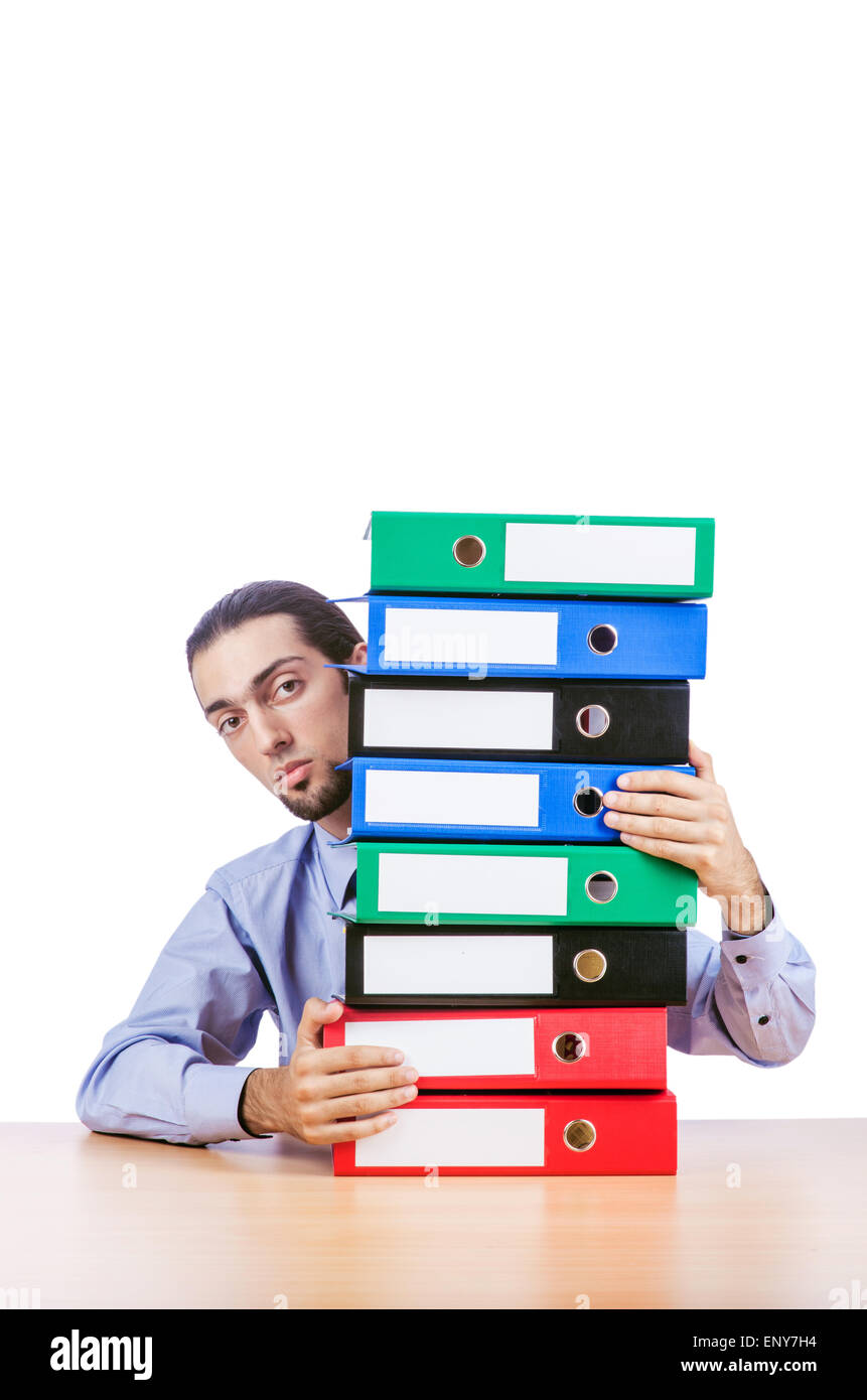 Businessman with lots of folders isolated on white Stock Photo - Alamy
