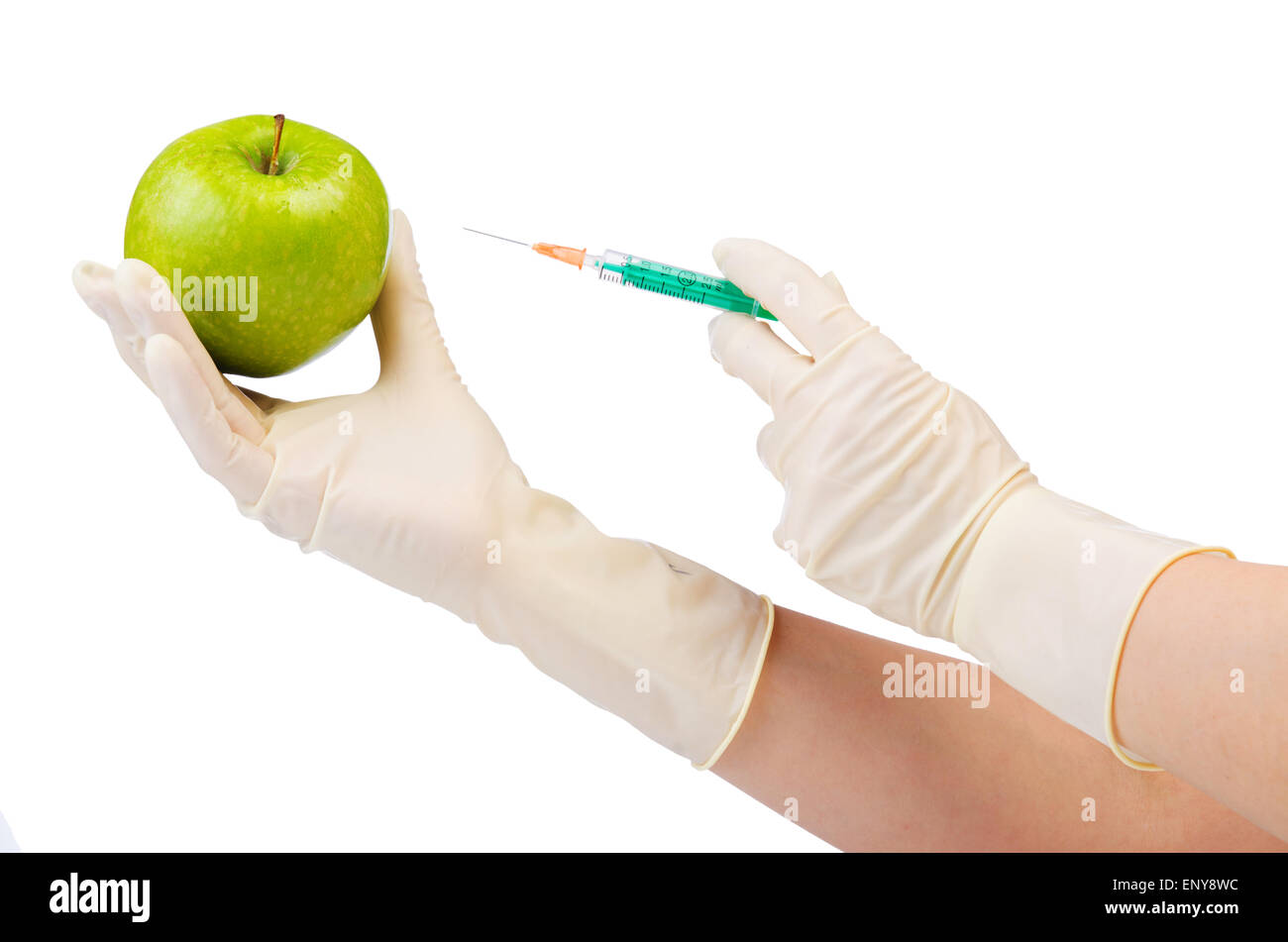 Chemical experiment with apple and syringe Stock Photo - Alamy
