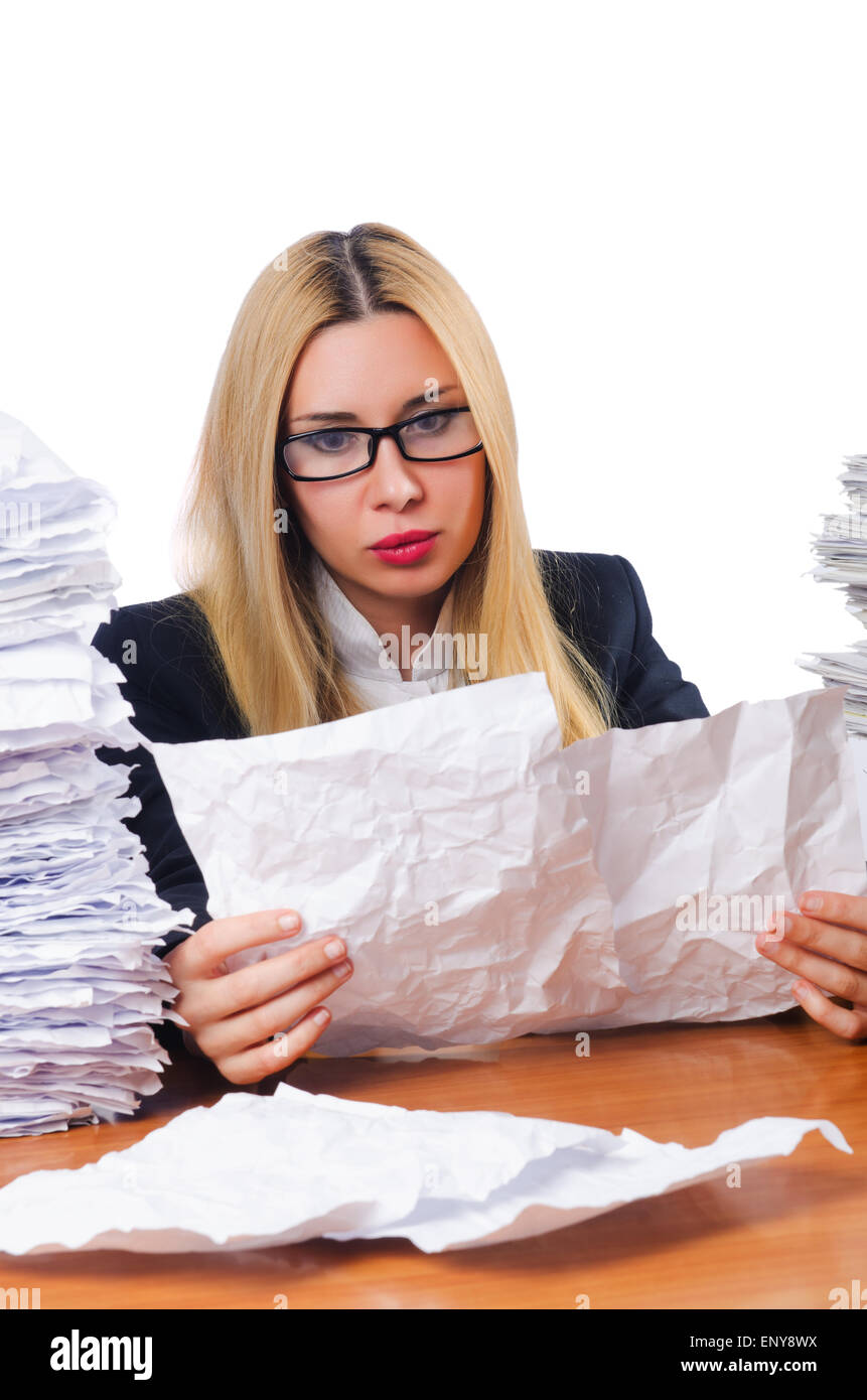 Woman businesswoman with lots of papers Stock Photo - Alamy