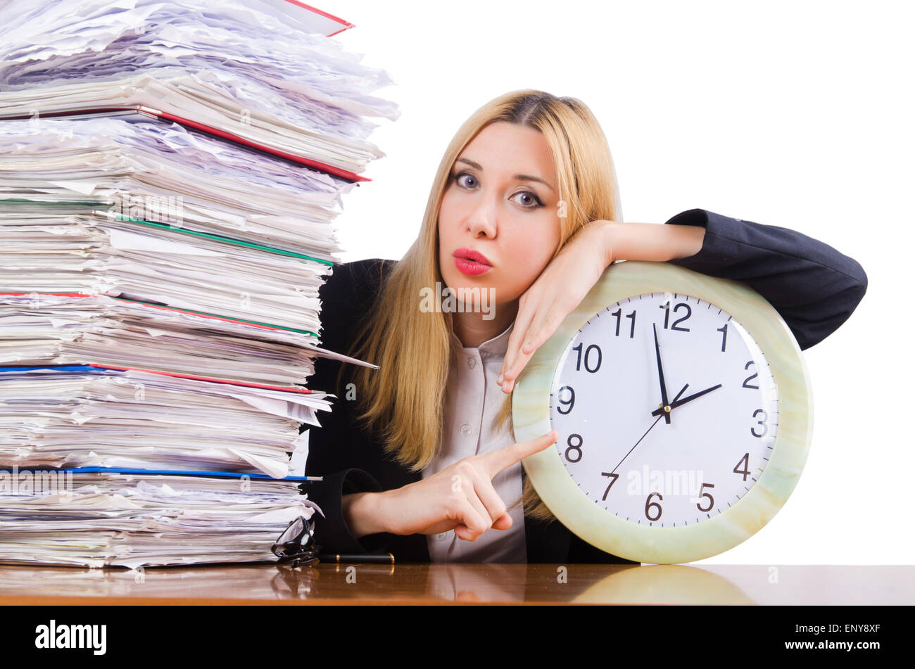 Busy woman with clock on white Stock Photo - Alamy