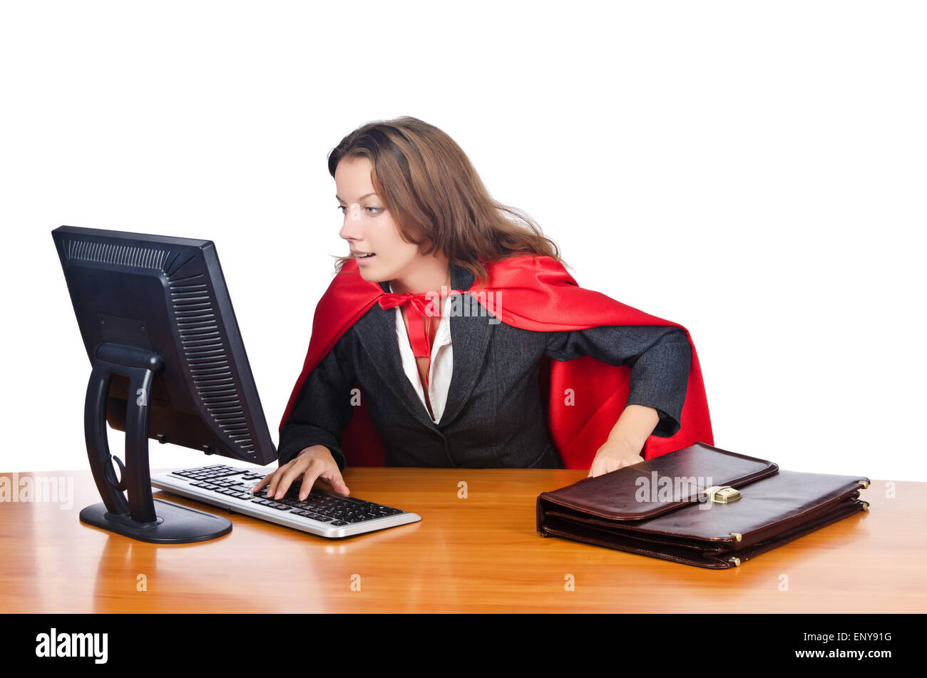Superwoman worker working in office Stock Photo - Alamy